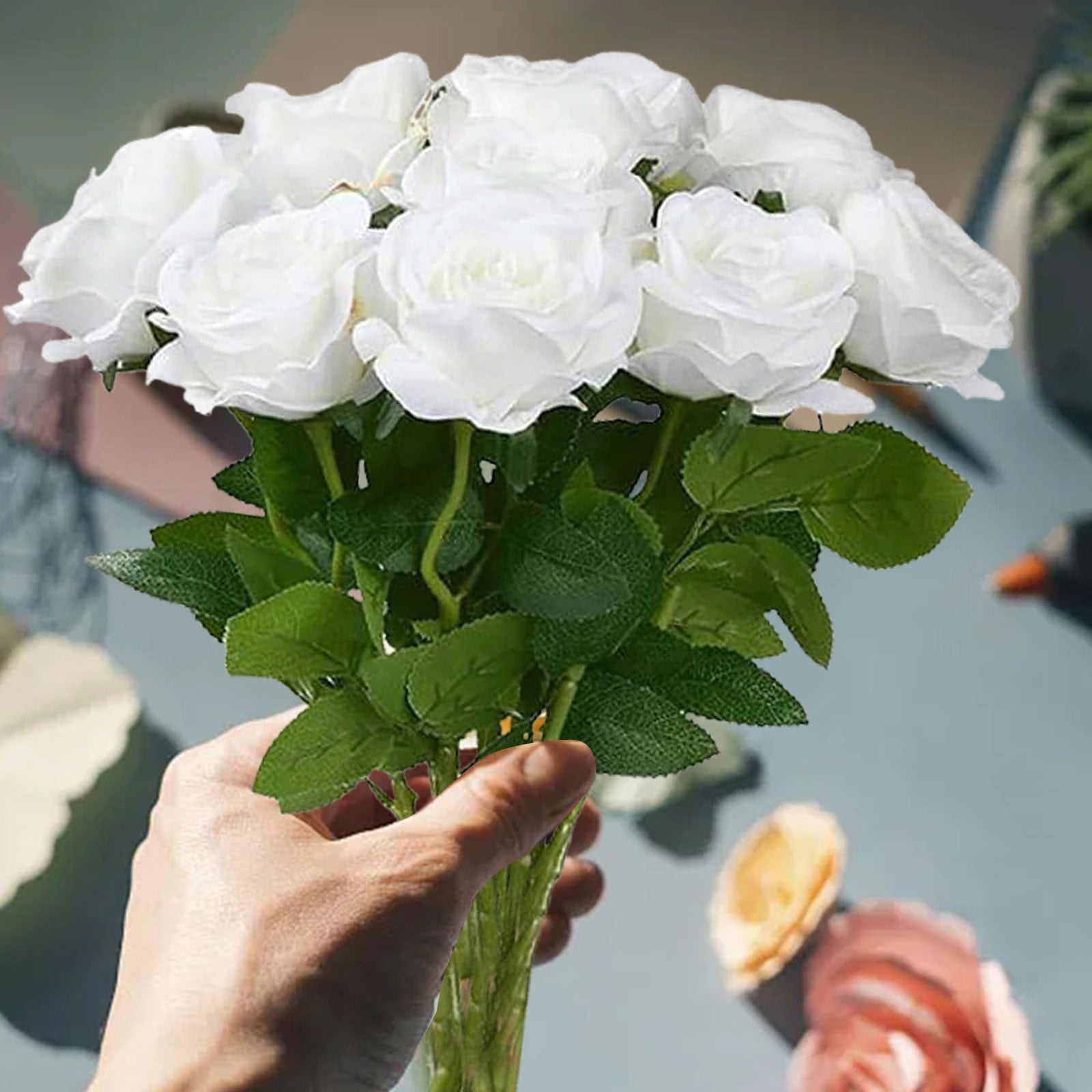 LYCAQL 12 Pcs Rose Flowers Realistic Artificial flowers White Roses ...