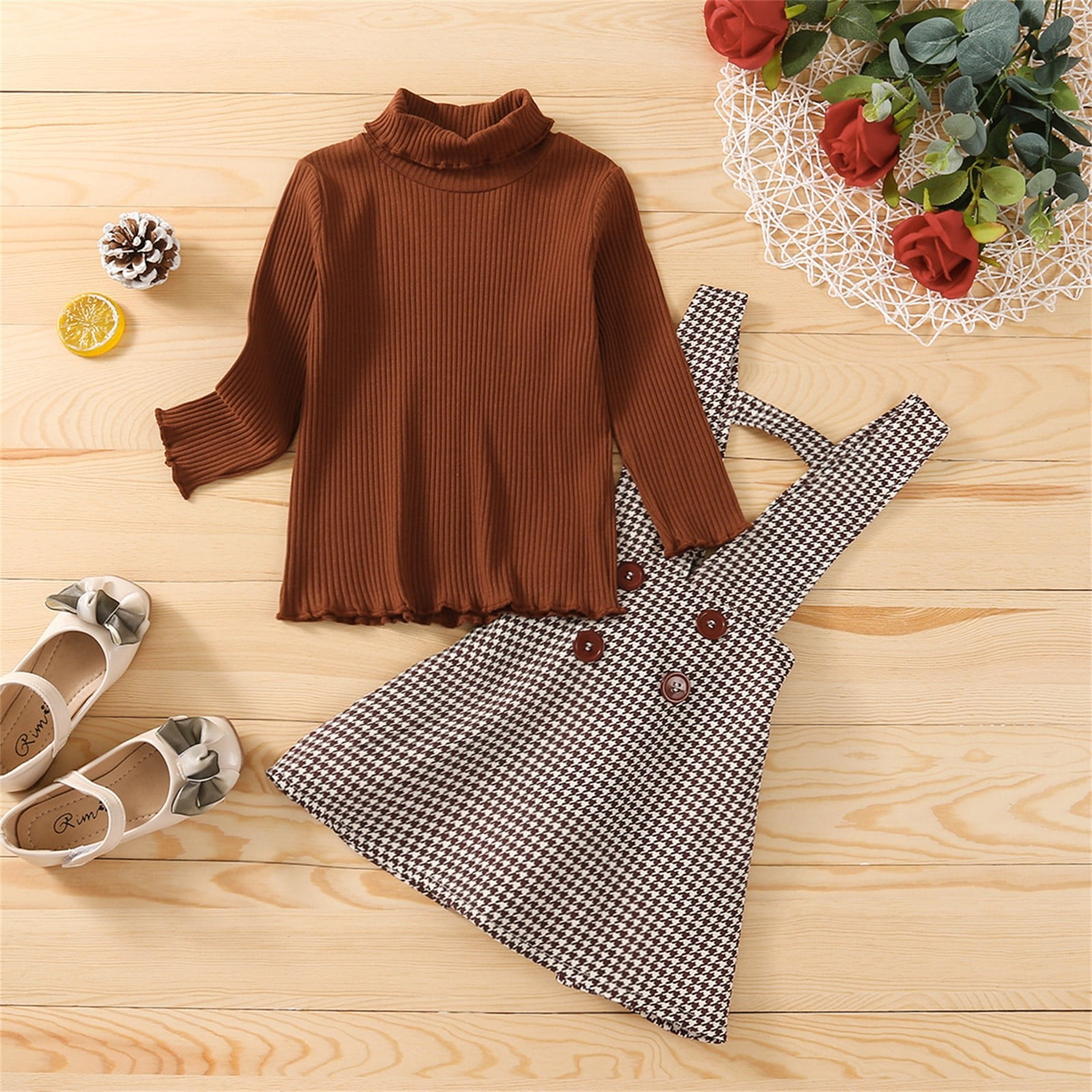 LYCAQL Girls Clothes Outfit KIds Toddler Baby Girls Long Sleeve Solid Ribbed Tops Plaid ...