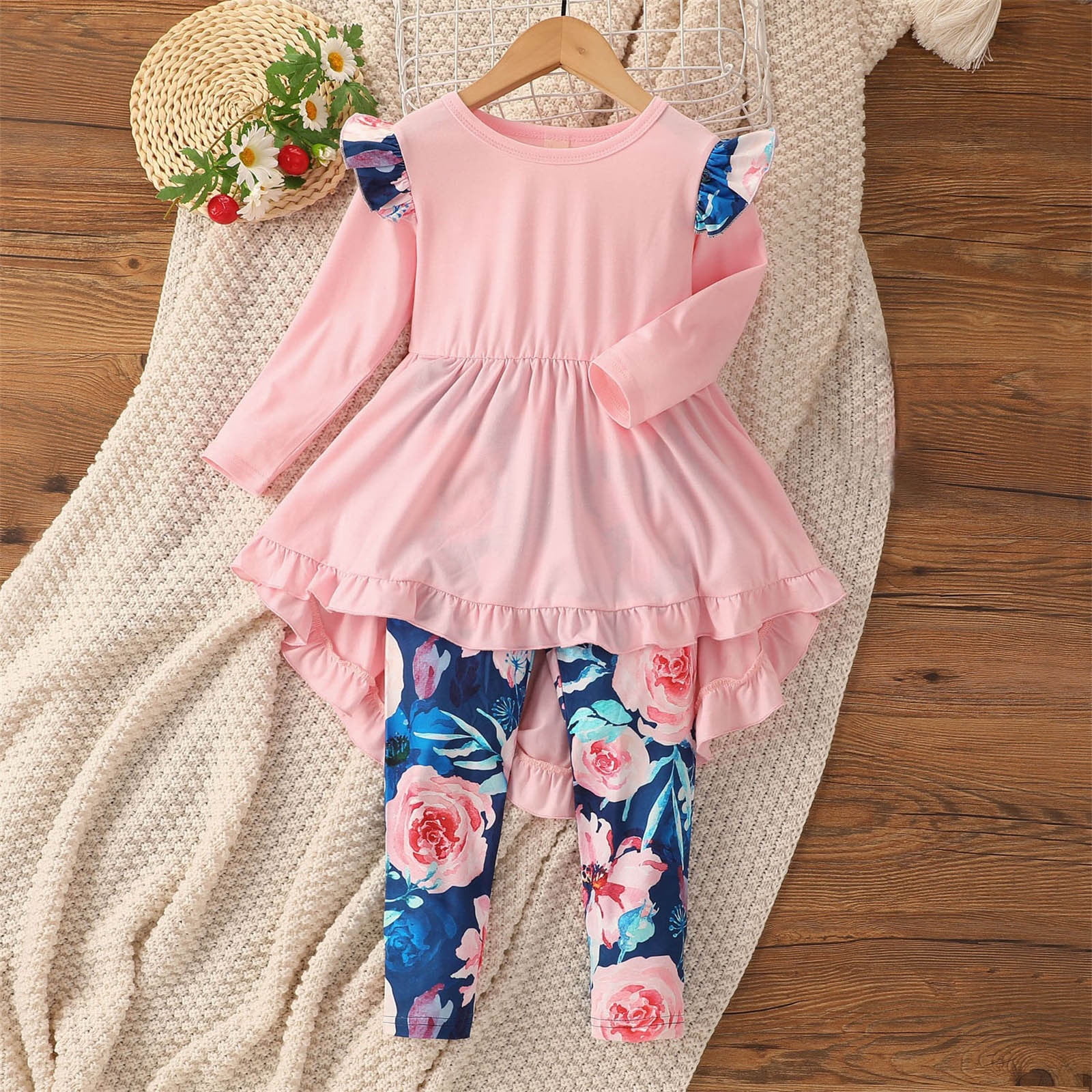 LYCAQL Girls Clothes Outfit Toddler Kids Baby Flower Pants Set Long Sleeve Ruffle T Shirt Dress ...
