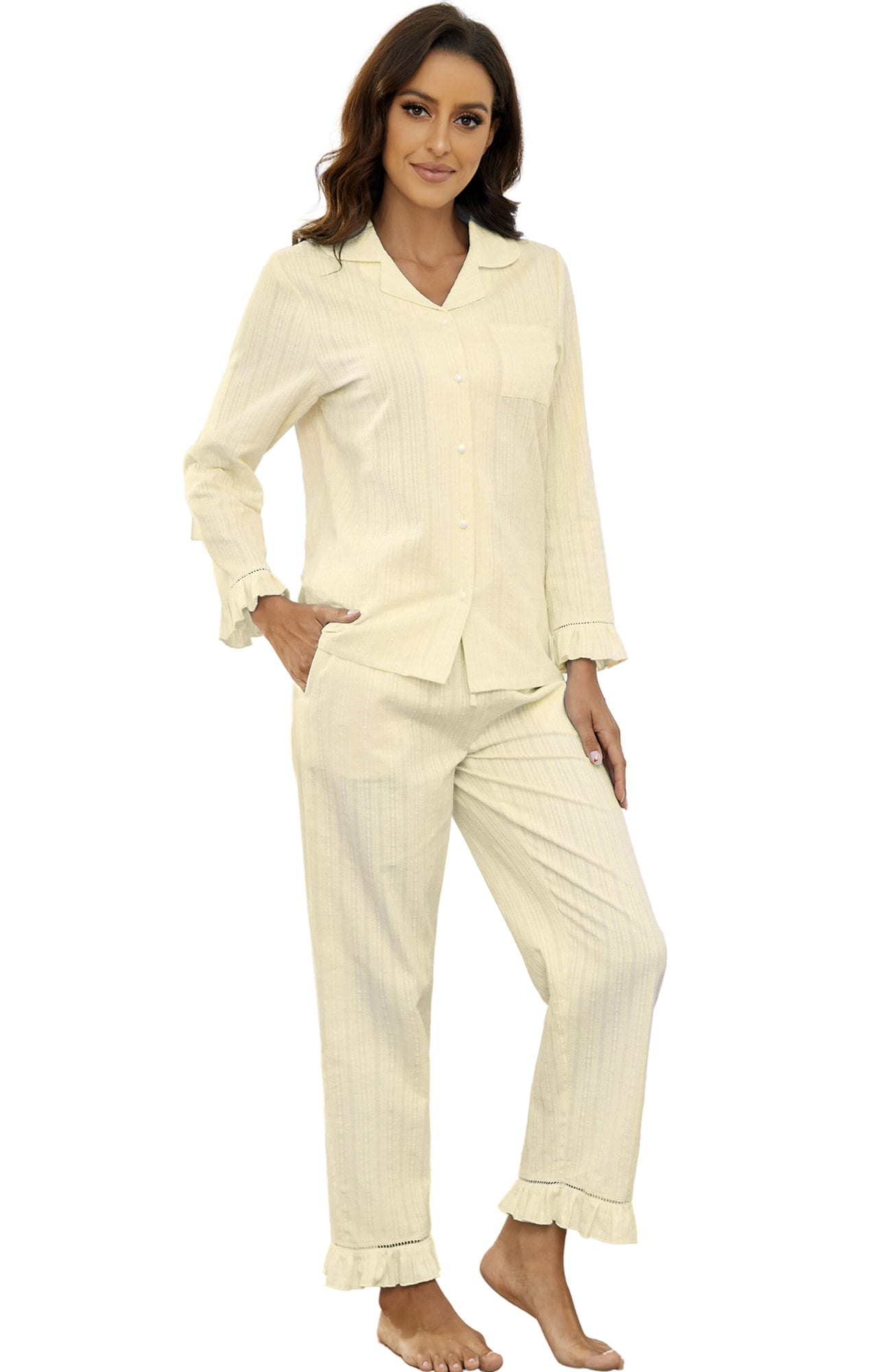 LYCY 100% Cotton Women Pajama Set, Soft Cute Button up Long Sleeve ...