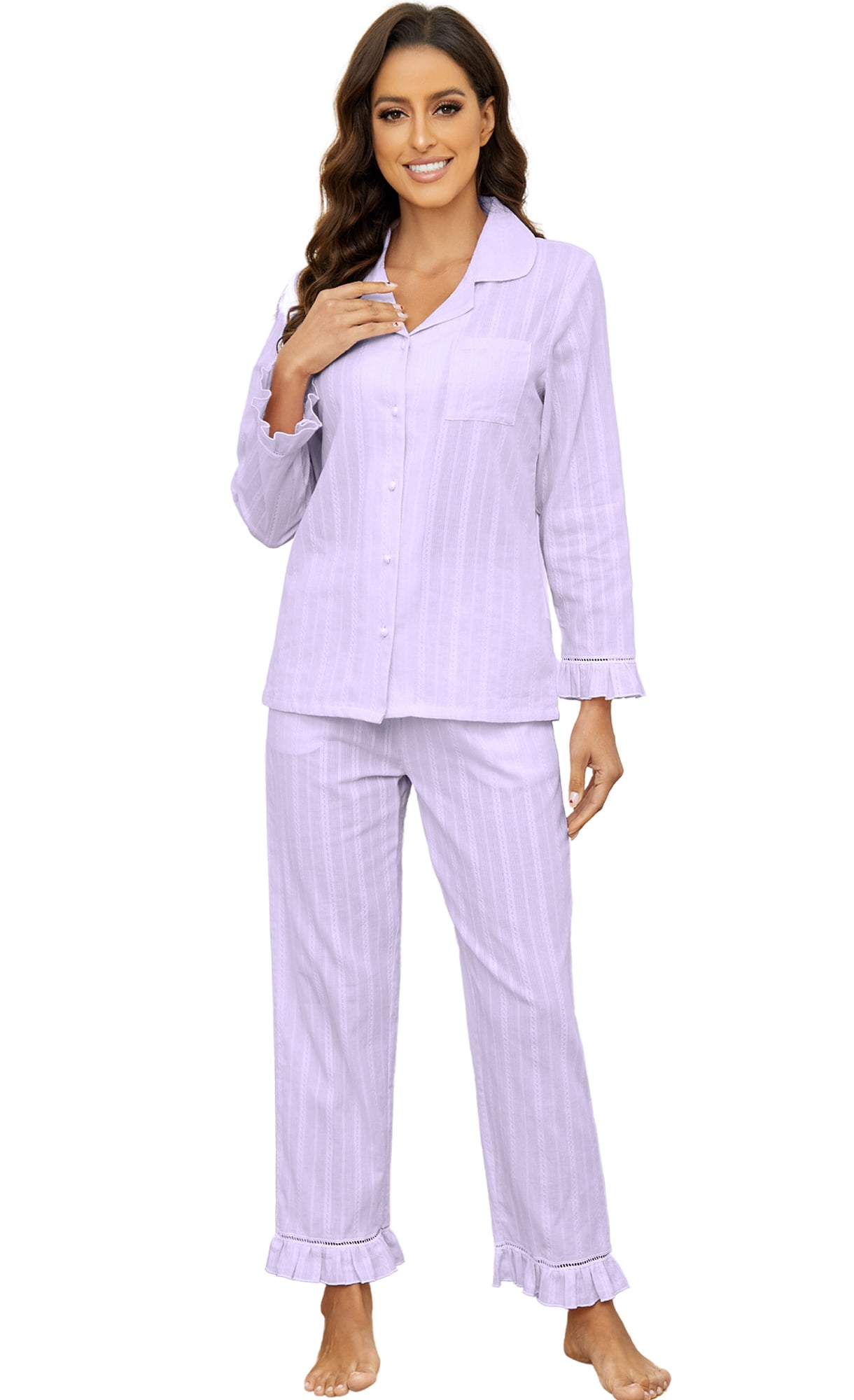 LYCY 100% Cotton Women Pajama Set, Soft Button Up Sleepwear with ...