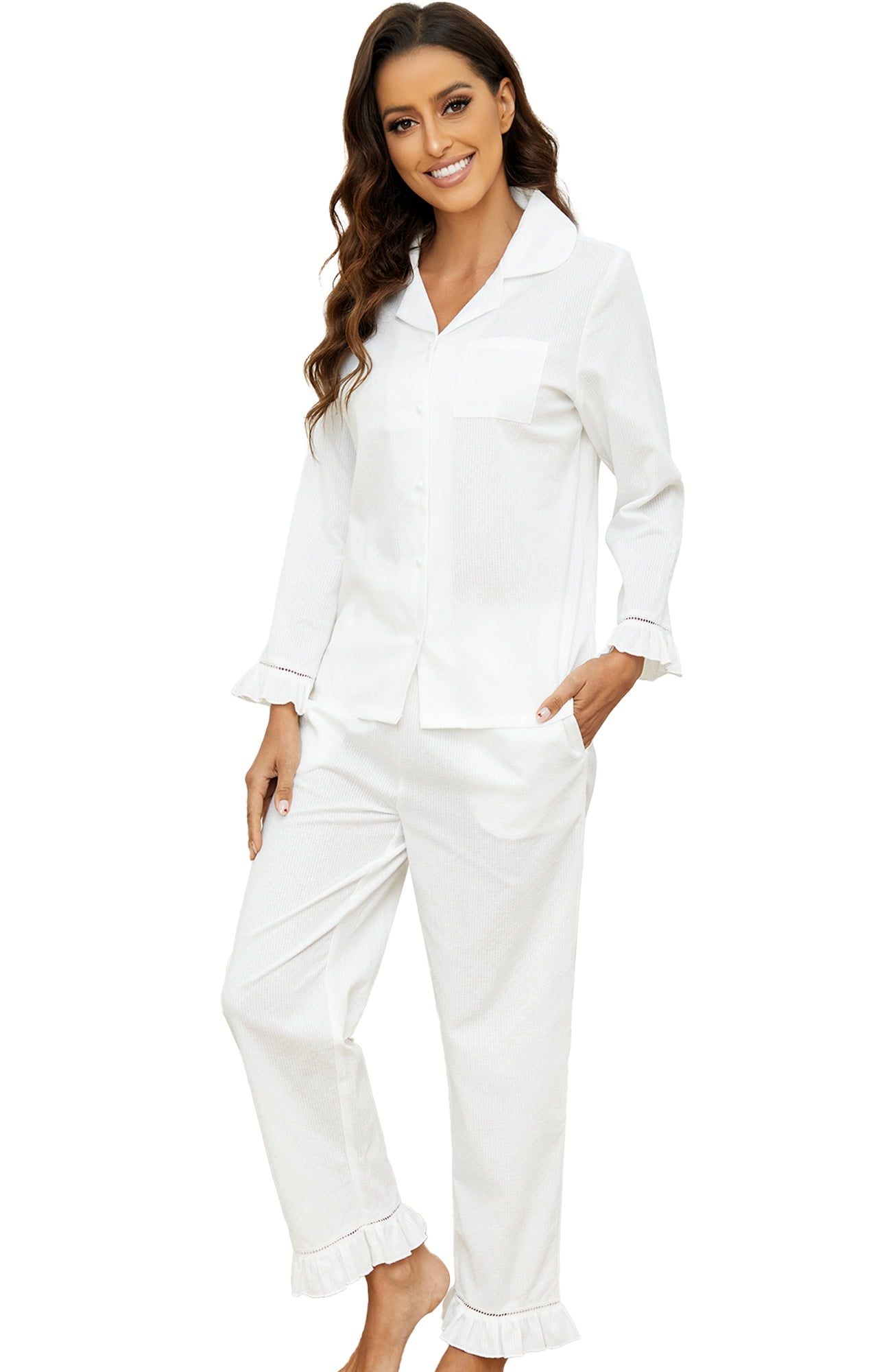 LYCY 100% Cotton Women Pajama Set, Soft Cute Button up Long Sleeve ...