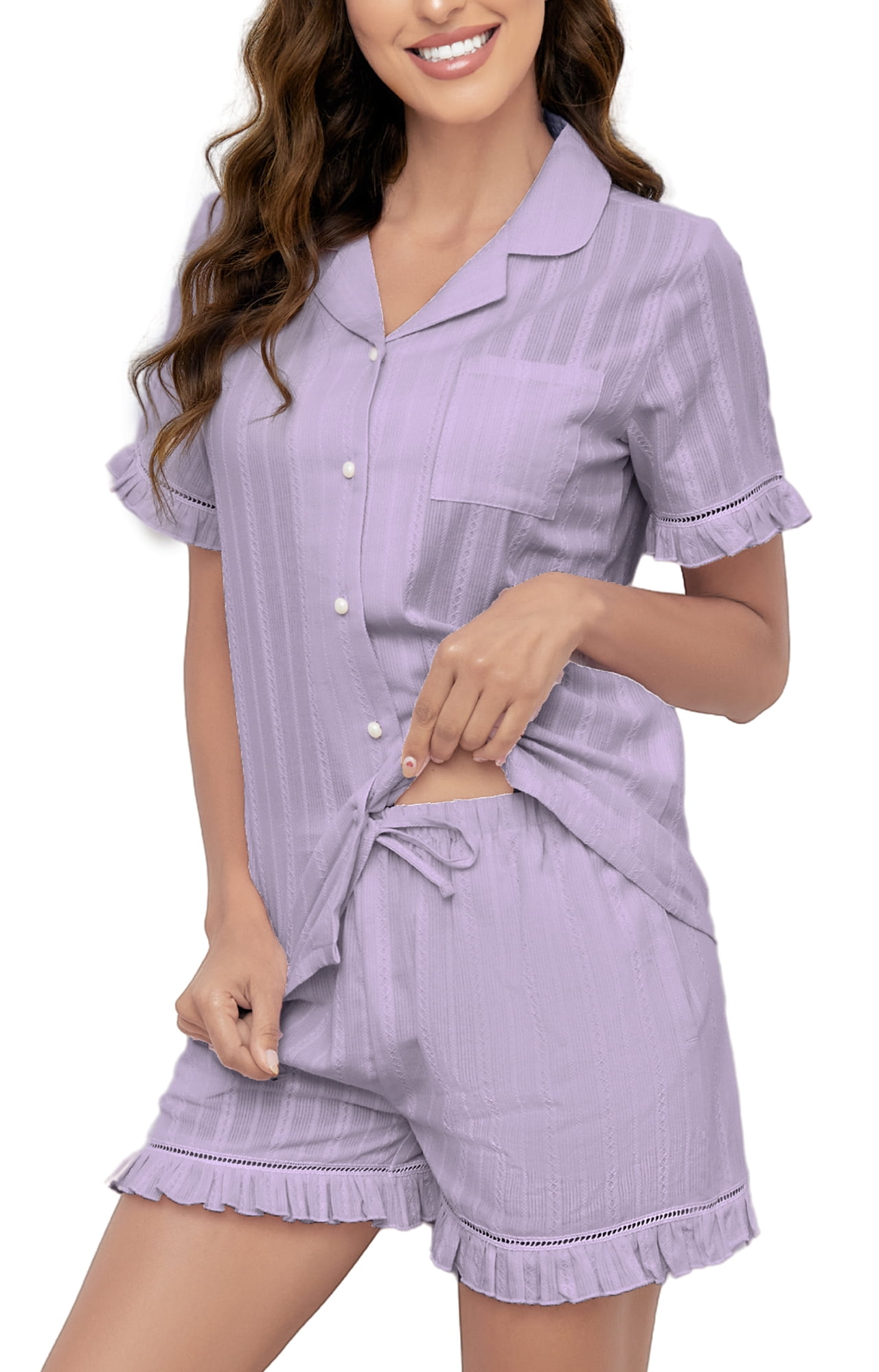 LYCY Women Short Pajama Set, Cotton Sleepwear Soft Cute Button up Pjs ...