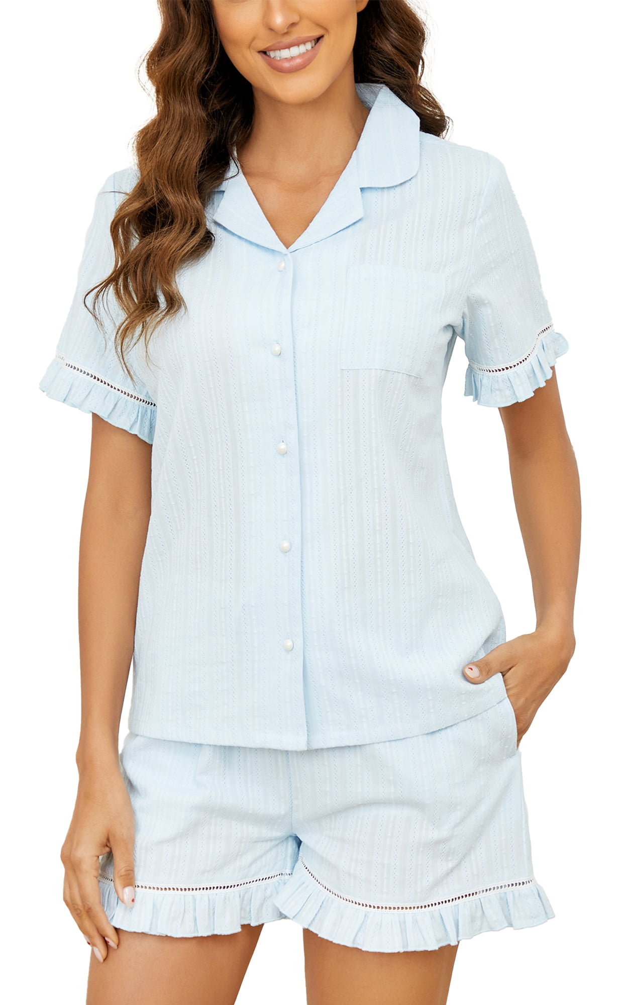 LYCY Women Short Pajama Set, 100% Cotton Sleepwear, Button Up PJs ...