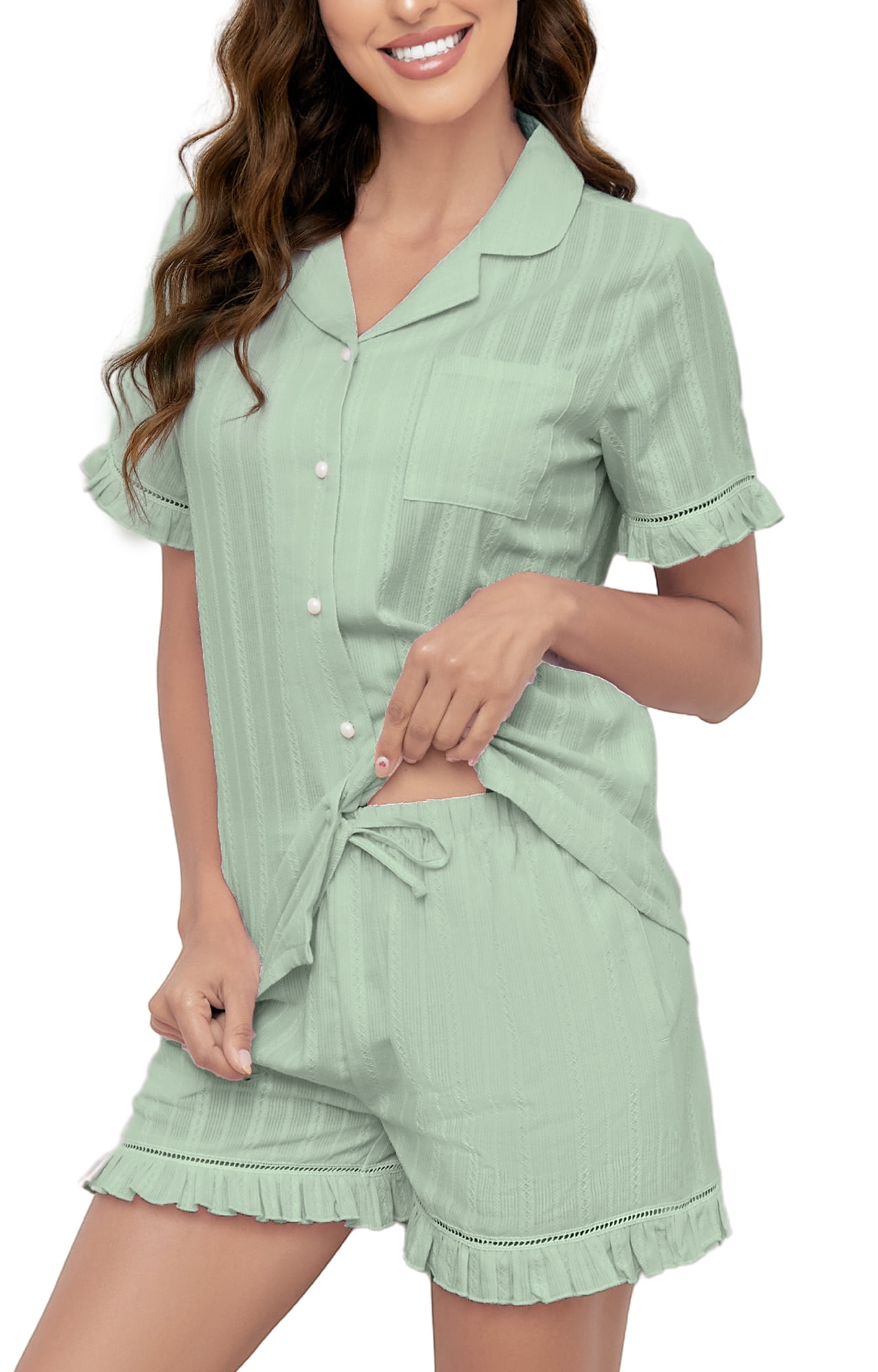 LYCY Women Short Pajama Set, Cotton Sleepwear Soft Cute Button up Pjs ...