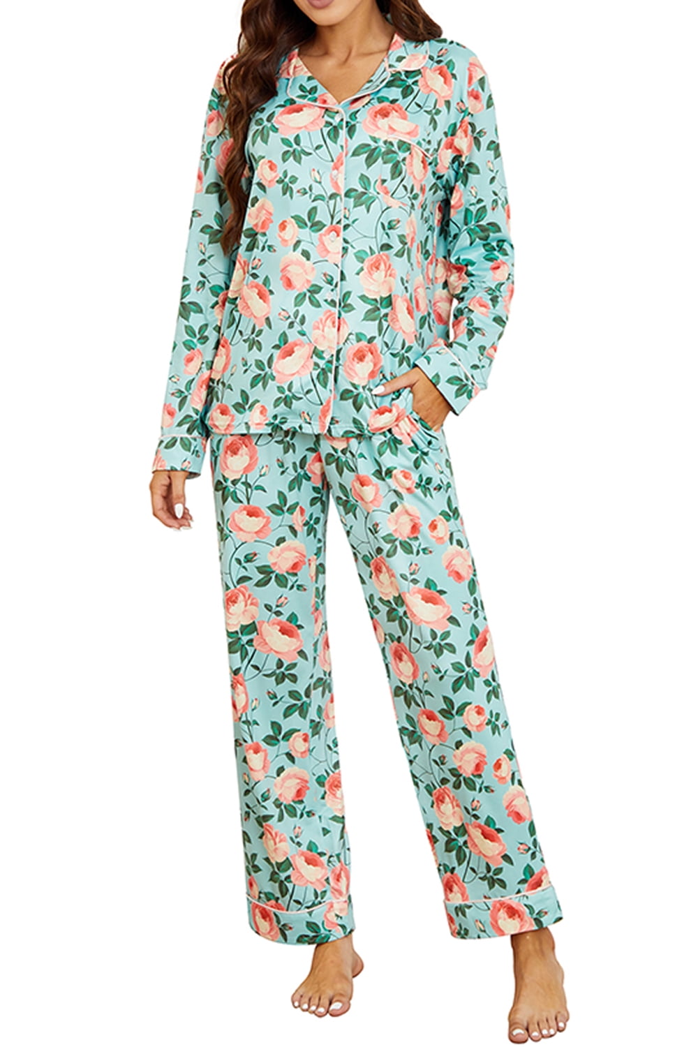 LYCY Womens Pajama Sets Floral Print, Long Sleeve Button Down Pajamas ...