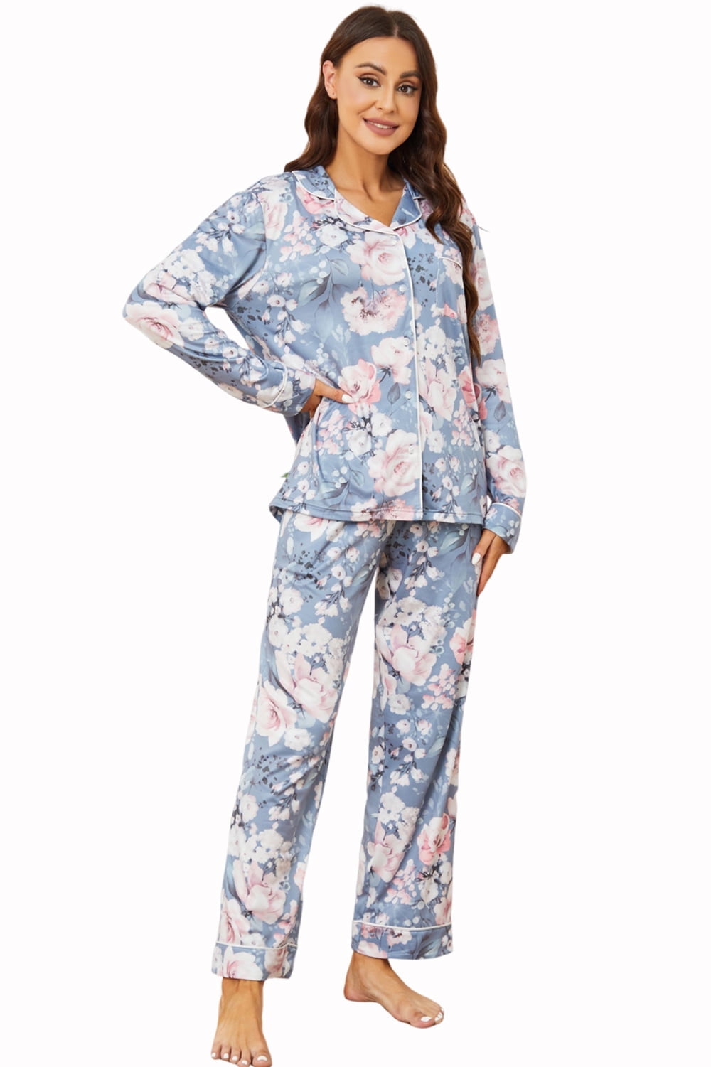 LYCY Womens Pajama Sets Floral Print, Long Sleeve Button Down Pajamas ...