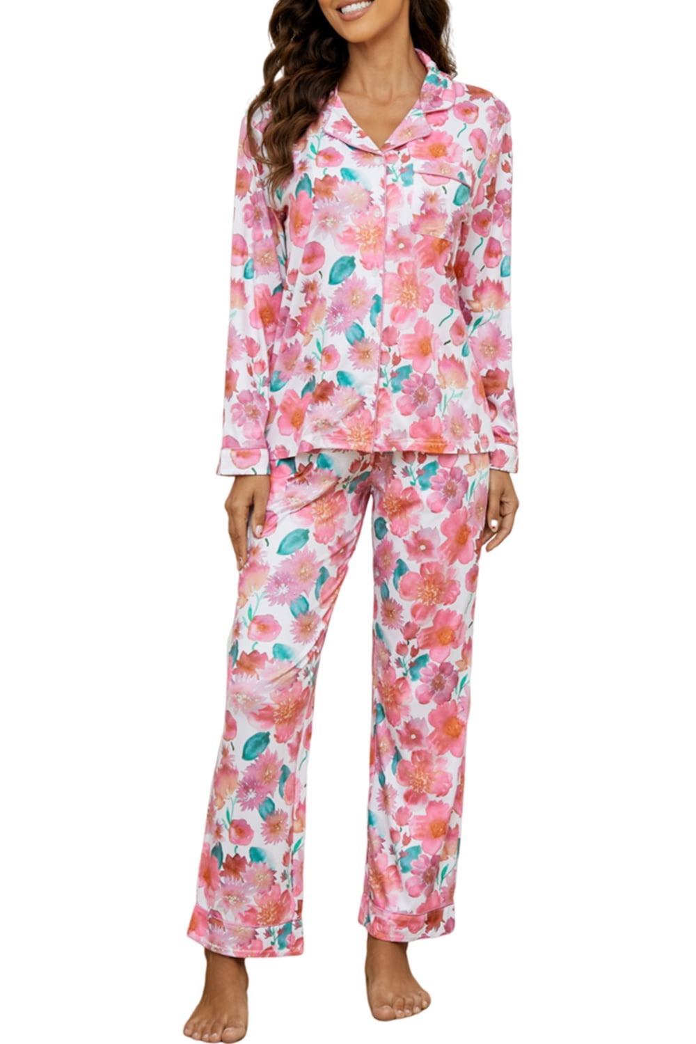 LYCY Womens Pajama Sets Floral Print, Long Sleeve Button Down Pajamas ...