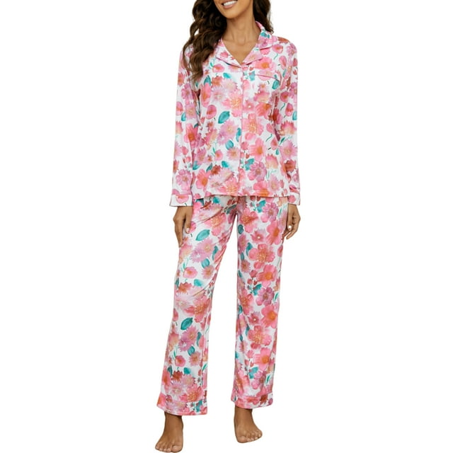 LYCY Womens Pajama Sets Floral Print, Long Sleeve Button Down Pajamas ...