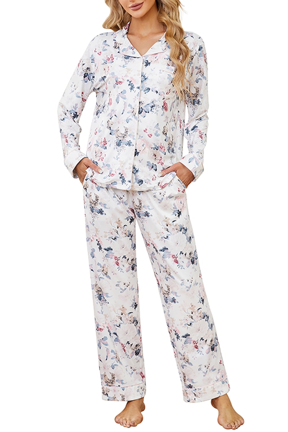 LYCY Womens Pajama Sets Floral Print, Long Sleeve Button Down Pajamas ...