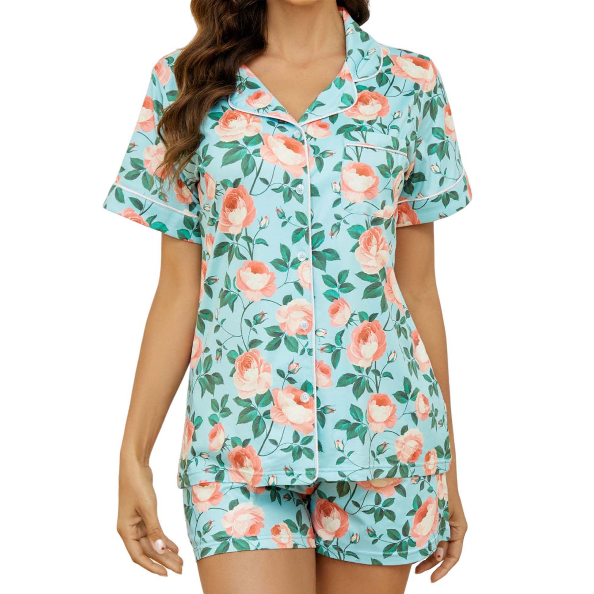 LYCY Womens Pajamas Short Set, Floral Printed Pajamas for Women Soft ...