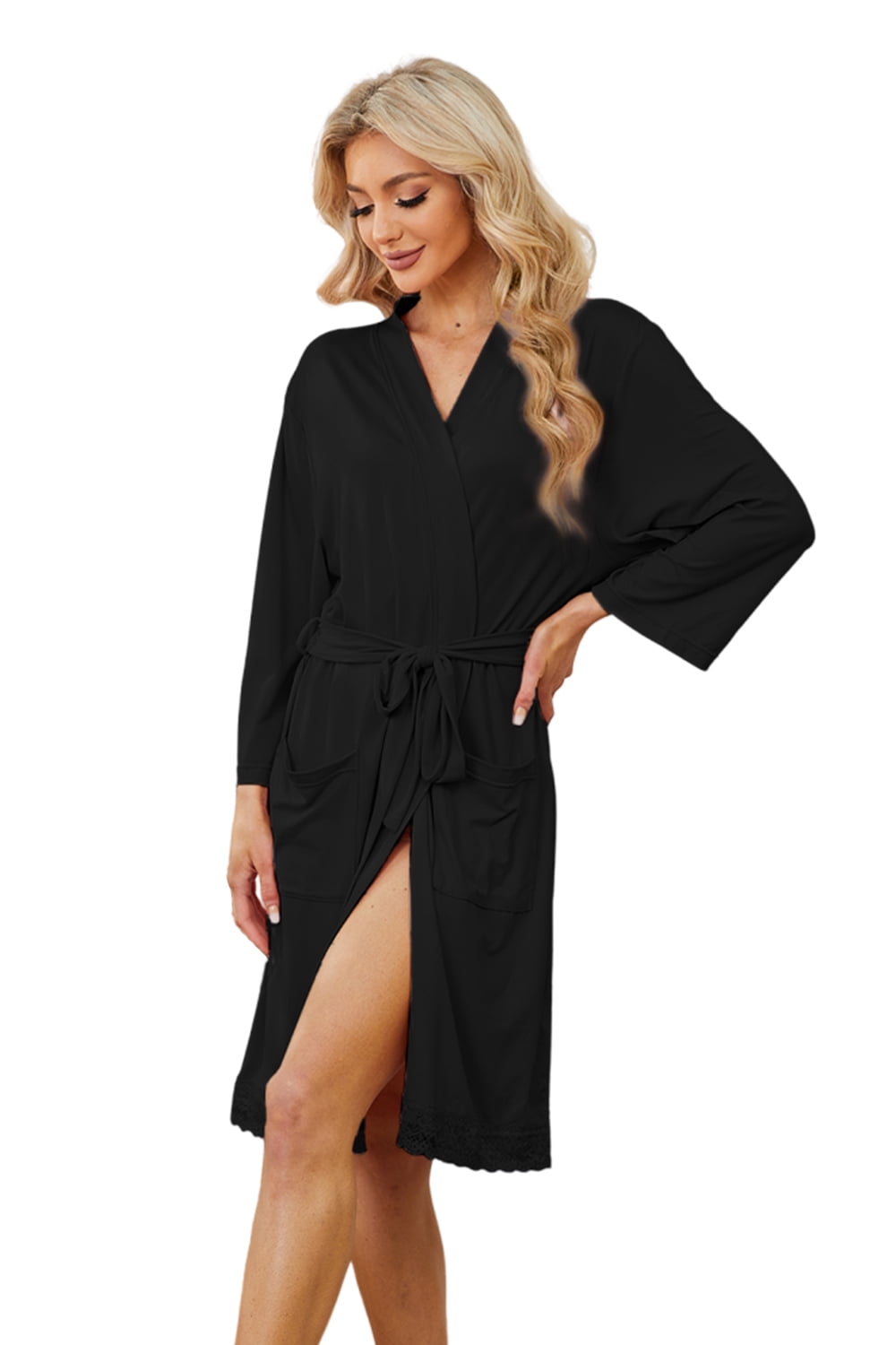 LYCY Womens Robes, Lightweight Short Bathrobe 3/4 Sleeves Lace Soft ...