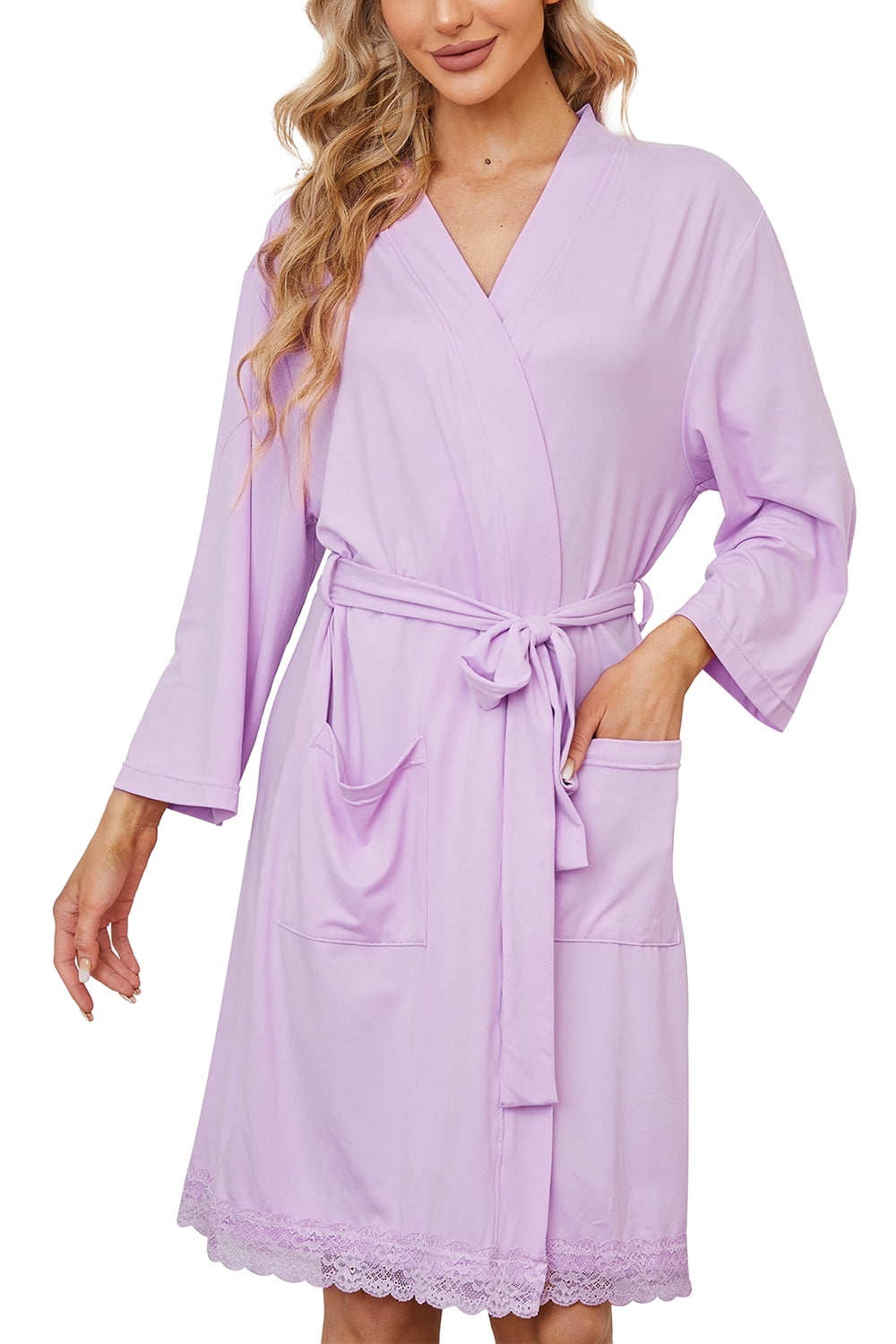 LYCY Womens Robes, Lightweight Short Bathrobe 3/4 Sleeves Lace Soft ...