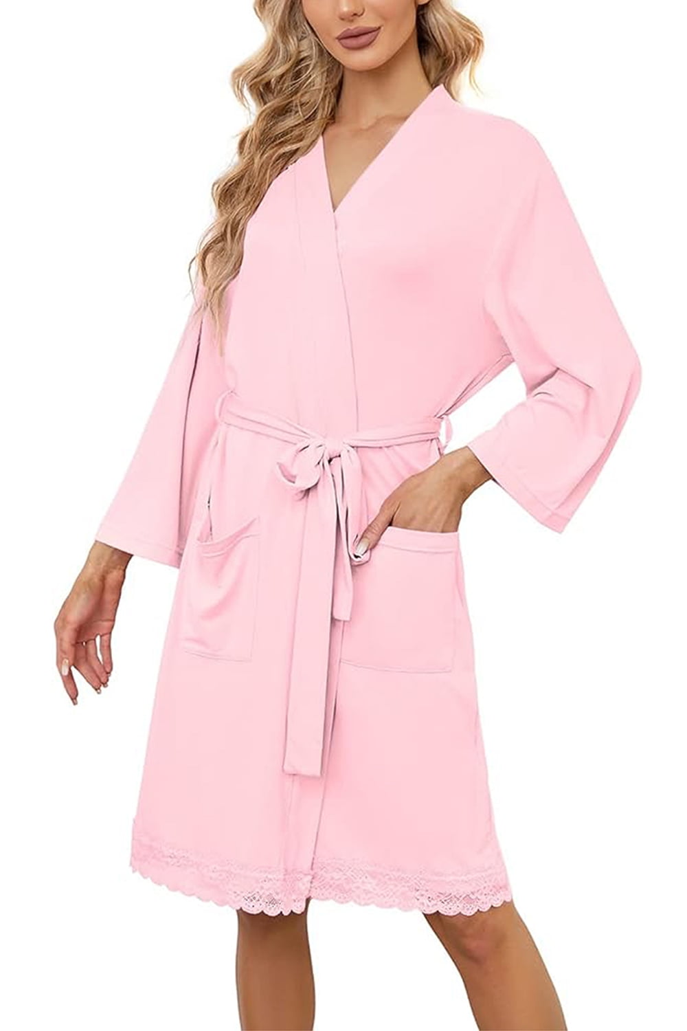 LYCY Womens Robes, Lightweight Short Bathrobe 3/4 Sleeves Lace Soft ...