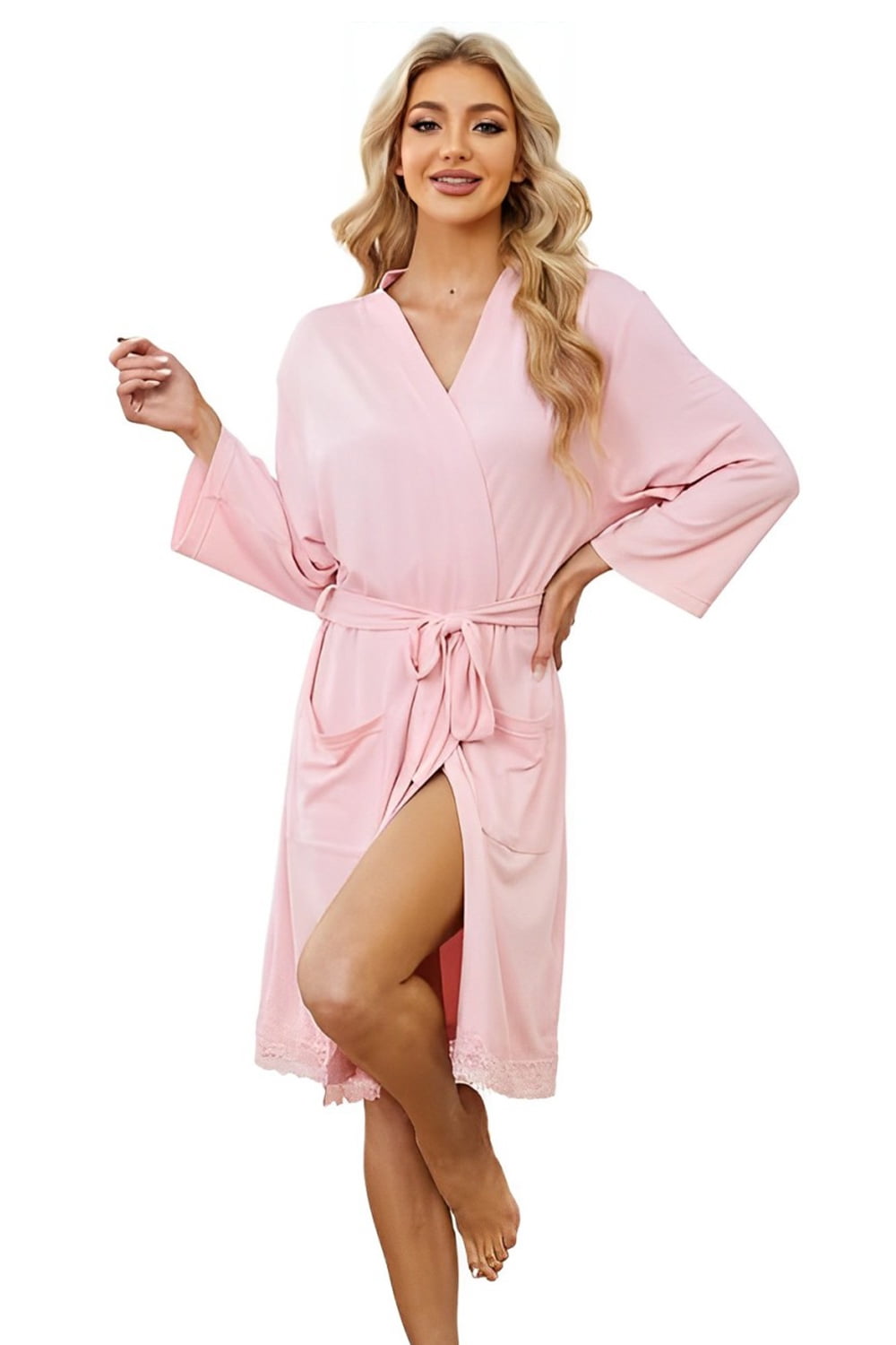 LYCY Womens Robes, Lightweight Short Bathrobe 3/4 Sleeves Lace Soft ...