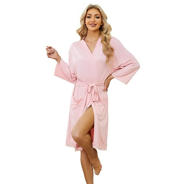 LYCY Womens Robes, Lightweight Short Bathrobe 3/4 Sleeves Lace Soft ...