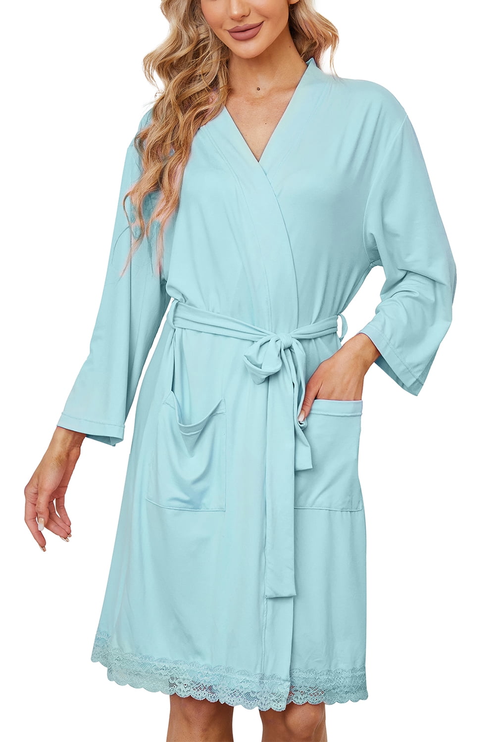 LYCY Womens Robes, Lightweight Short Bathrobe 3/4 Sleeves Lace Soft ...