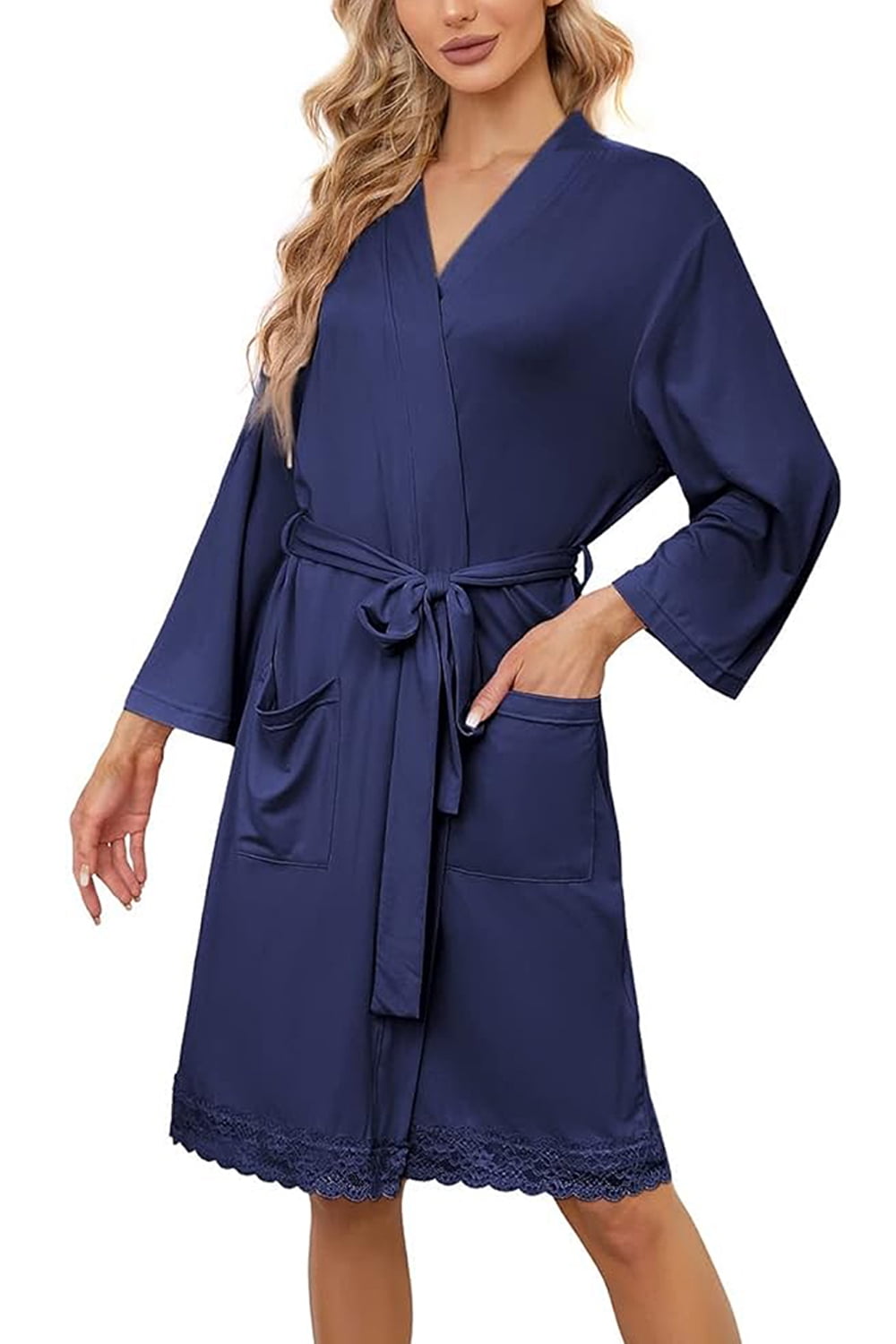 LYCY Womens Robes, Lightweight Short Bathrobe 3/4 Sleeves Lace Soft ...