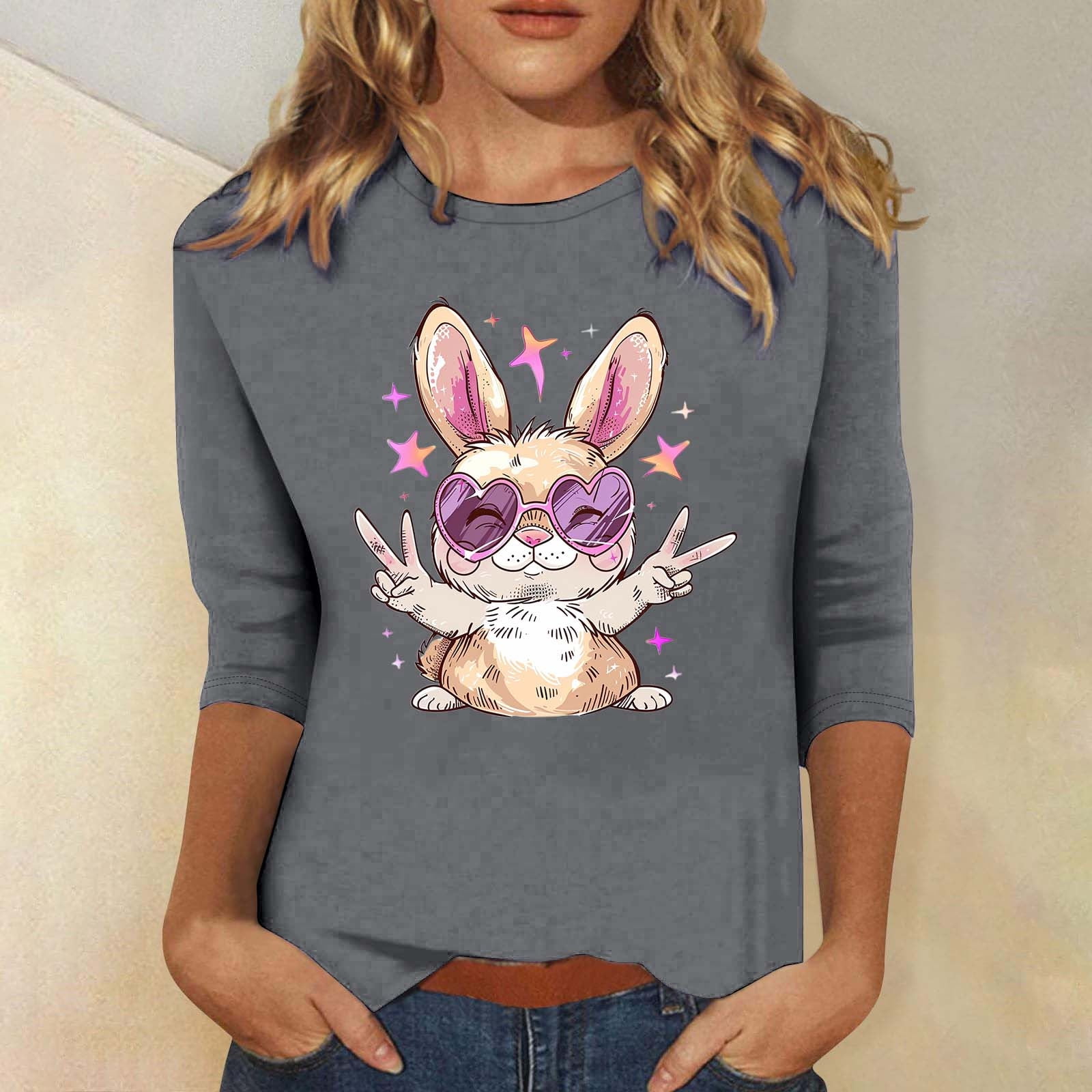 LYEAA 2025 Easter Theme Women 3/4 Sleeve Round Neck Tops Floral Printed ...