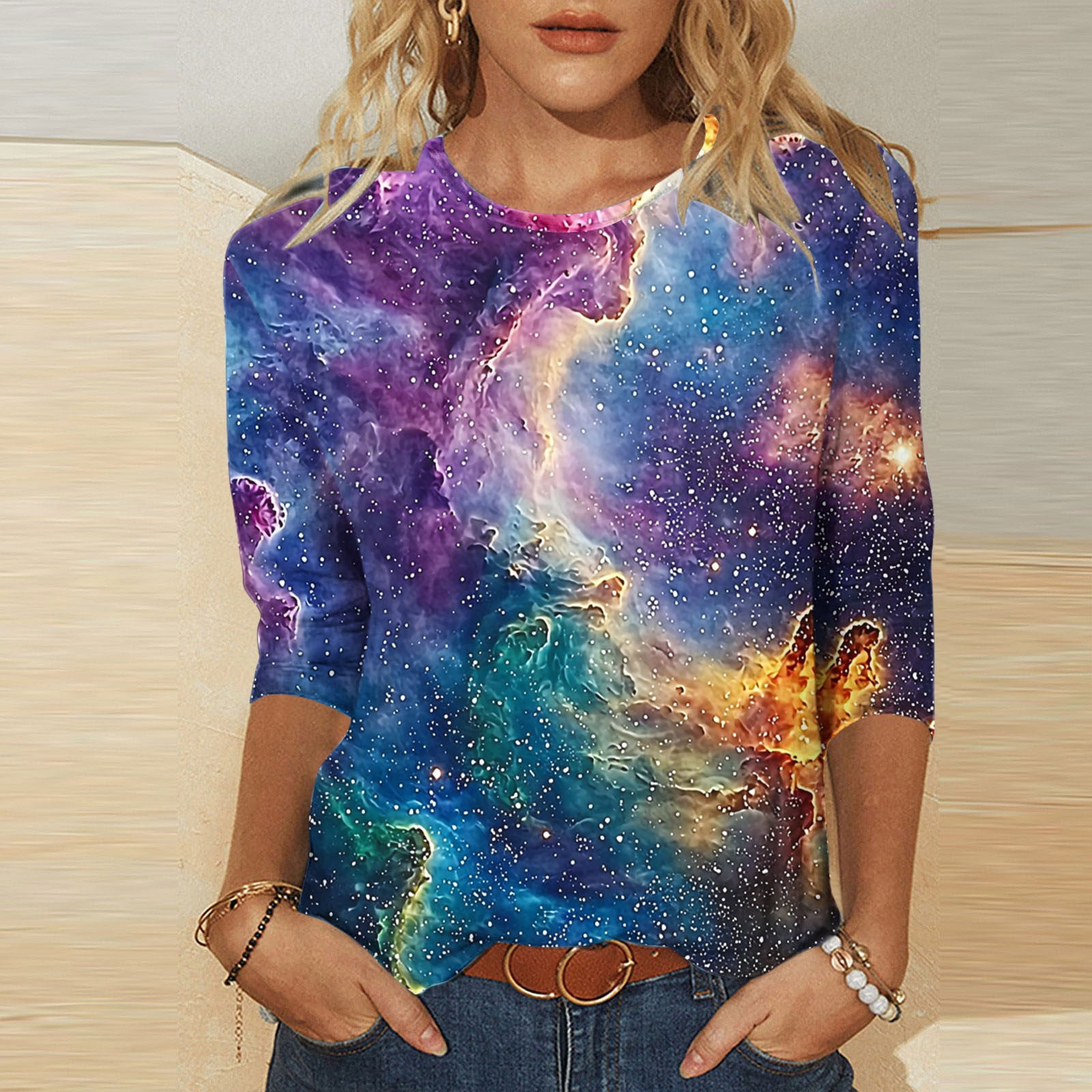 LYEAA 2025 Spring Women Celestial Print Three Quarter Sleeve Shirt Round Neck Loose Fit Viscose ...