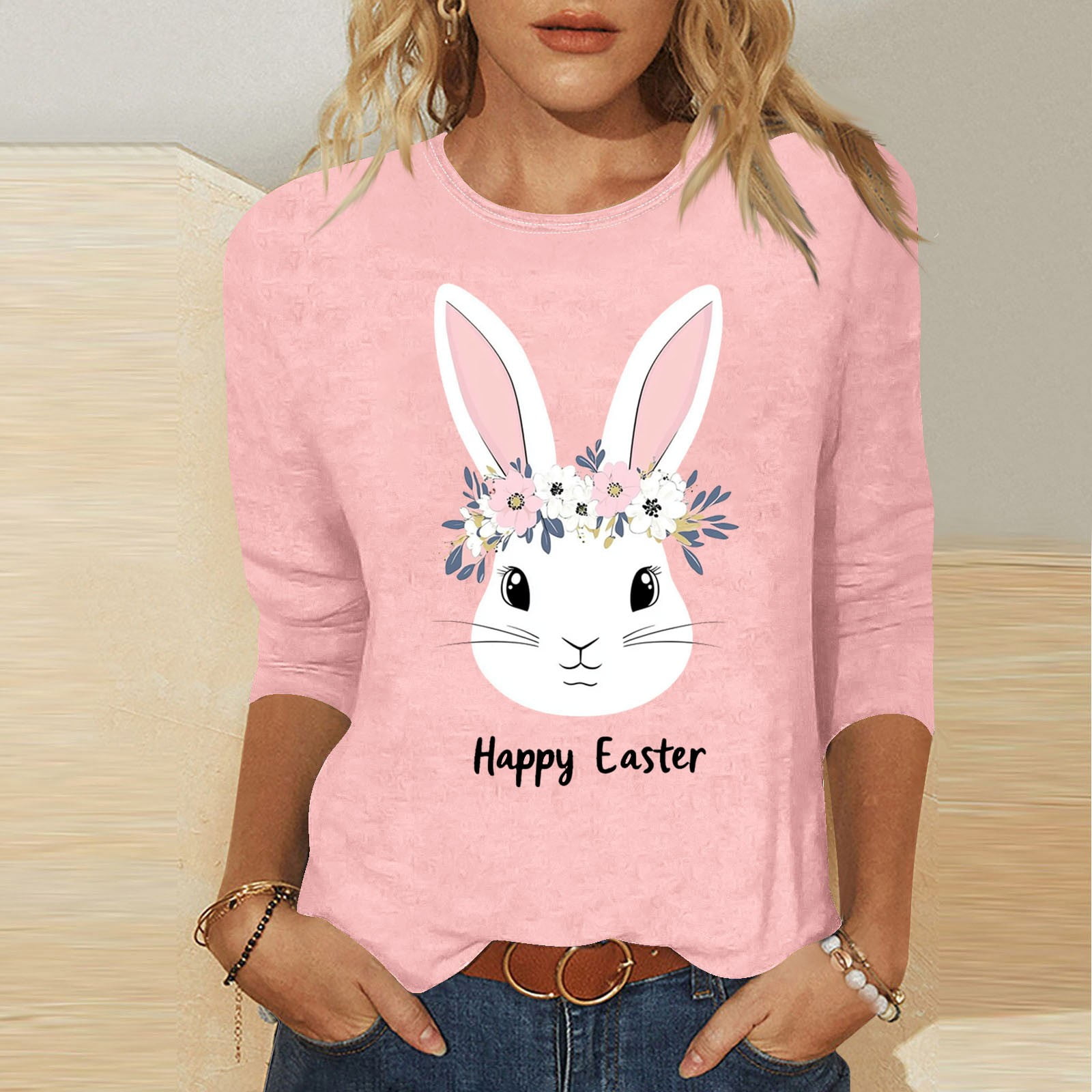 LYEAA 3/4 Sleeve Tops for Women Easter Theme Floral Print Blouse Soft ...