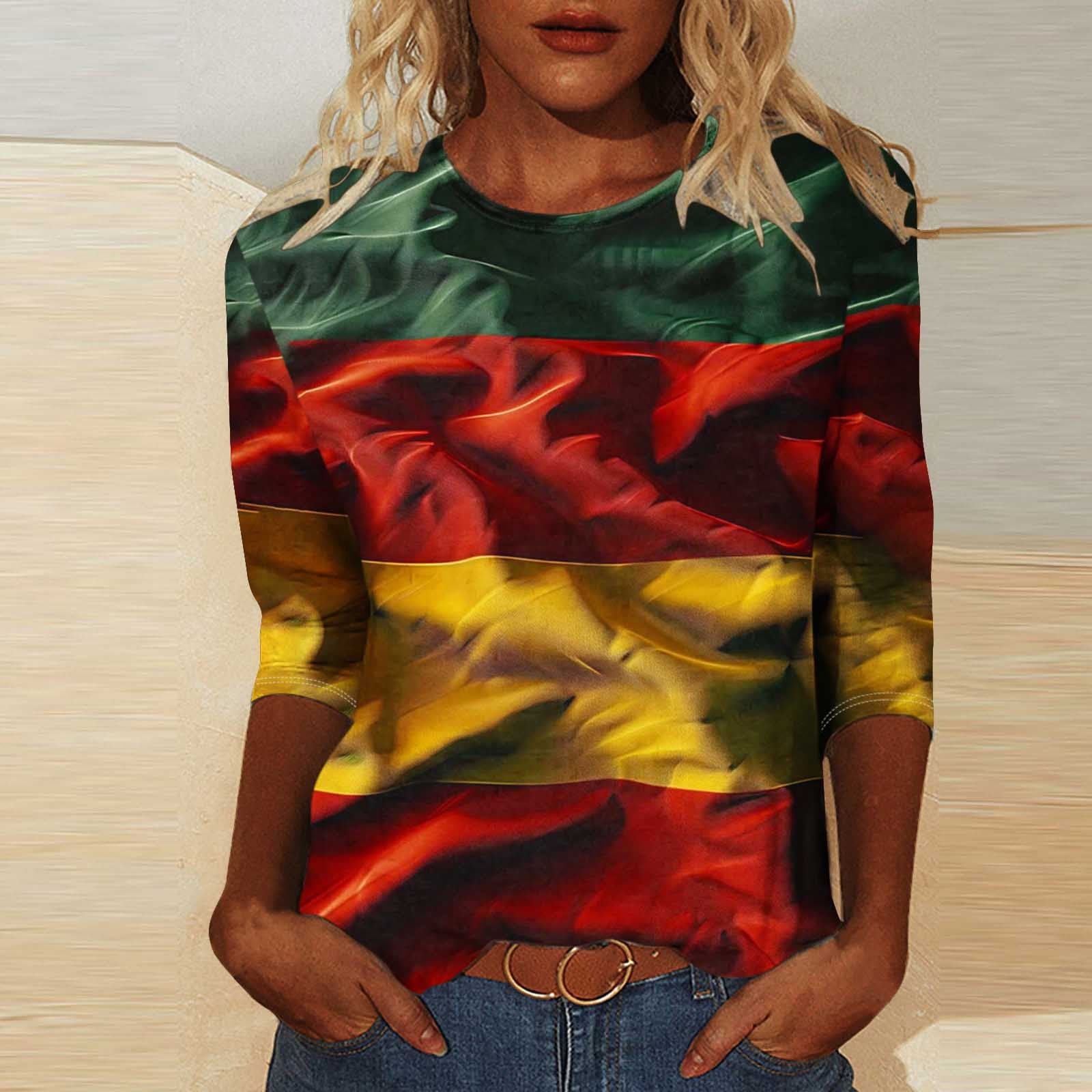 LYEAA Afrocentric Cultural Tops Women 3/4 Sleeve Round Neck Blouse Soft ...