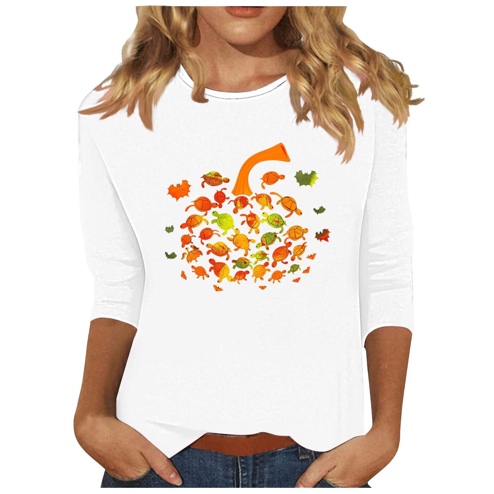 LYEAA Halloween Womens 3/4 Sleeve Tops Crew Neck Regular Straight Cuff Casual Wear Pumpkin ...