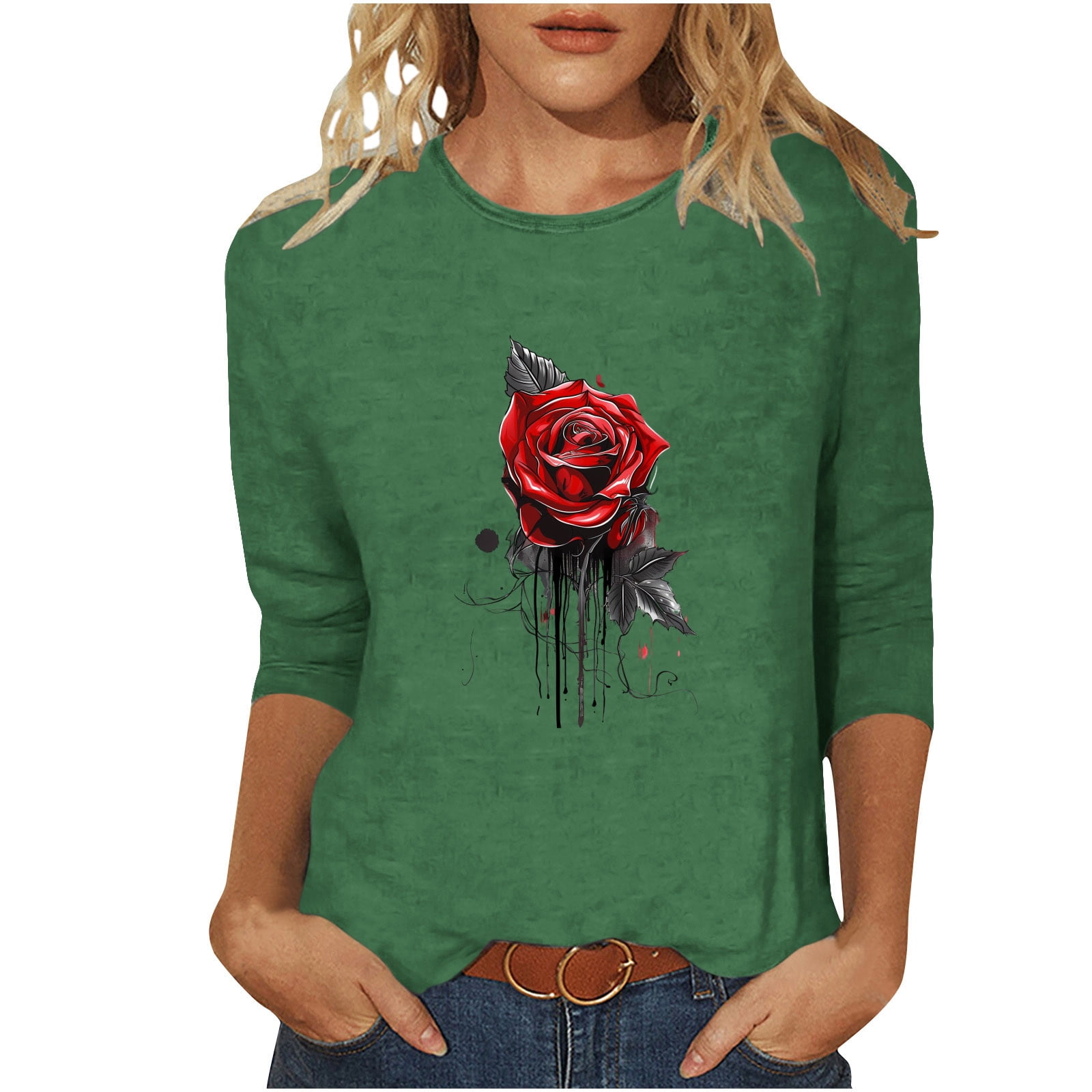LYEAA Halloween Womens Tops 3/4 Sleeve Crew Neck Regular Straight Cuff ...