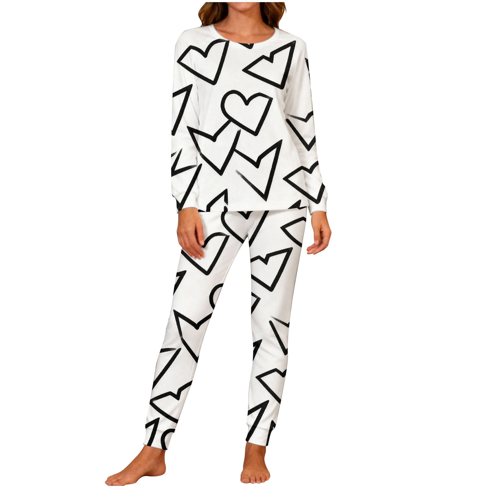 LYEAA Matching Couple Pajama Sets Crewneck Heart Print Long Sleeve Top ...