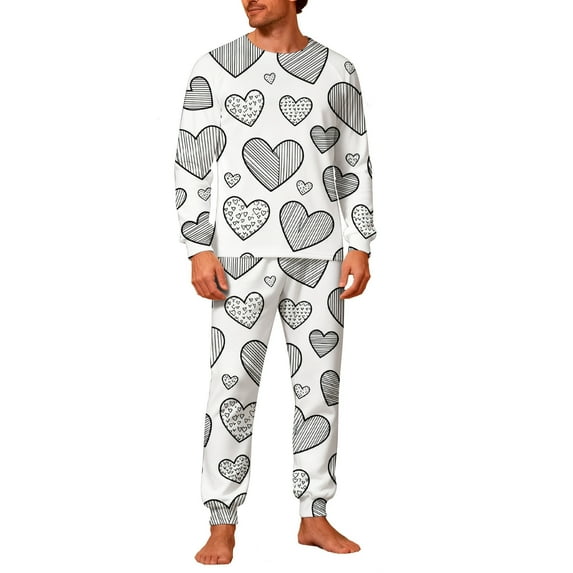LYEAA Matching Pajamas for Couples Heart Print Crewneck Long Sleeve Top ...