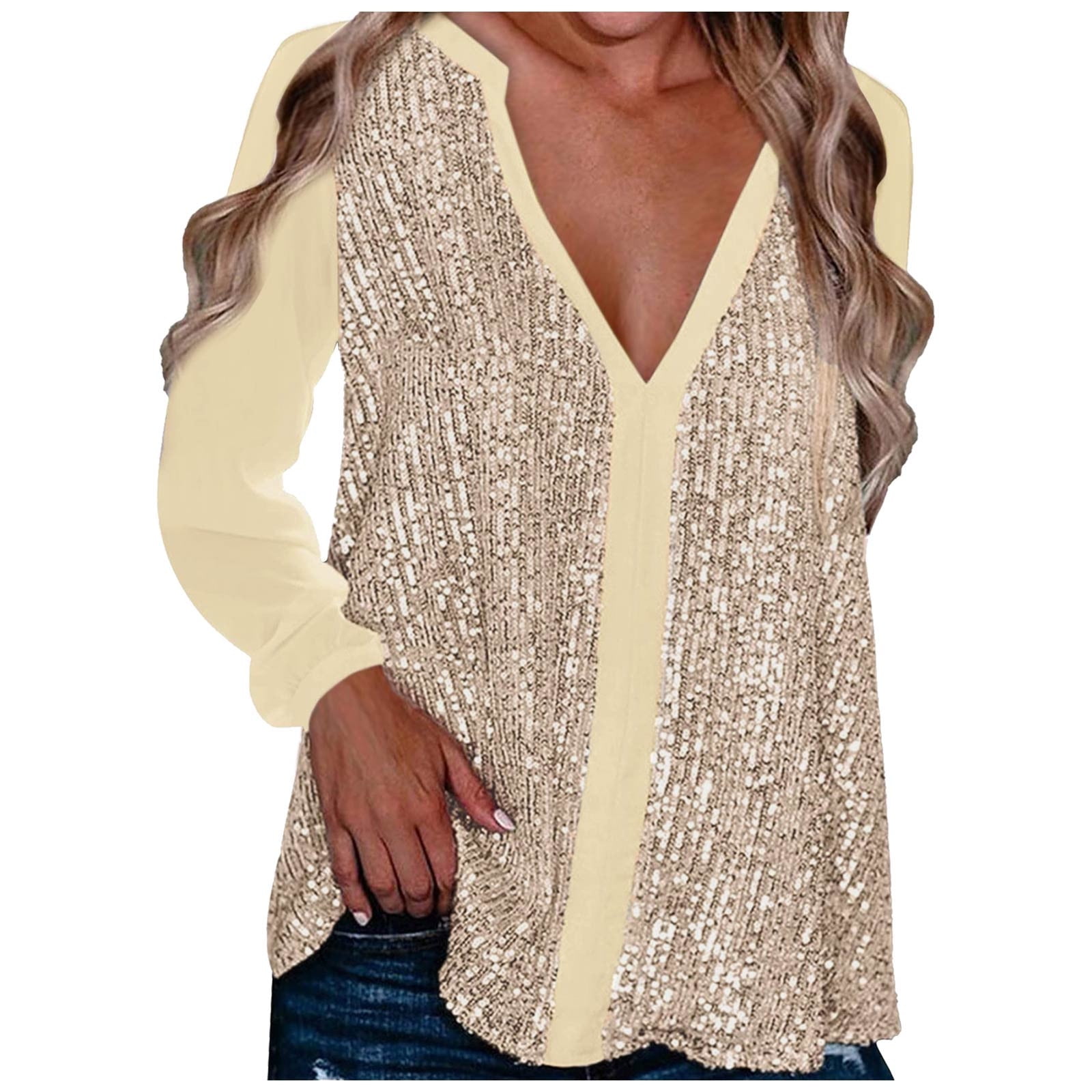 LYEAA Sequin Tops for Women Evening Party Plus Size Long Sleeves V Neck ...