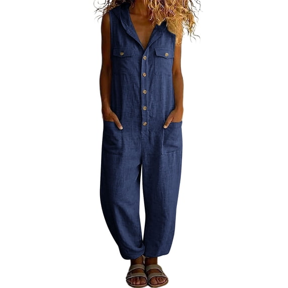 LYEAA Wide Leg Jumpsuits for Women Cargo Sleeveless Rompers Button ...