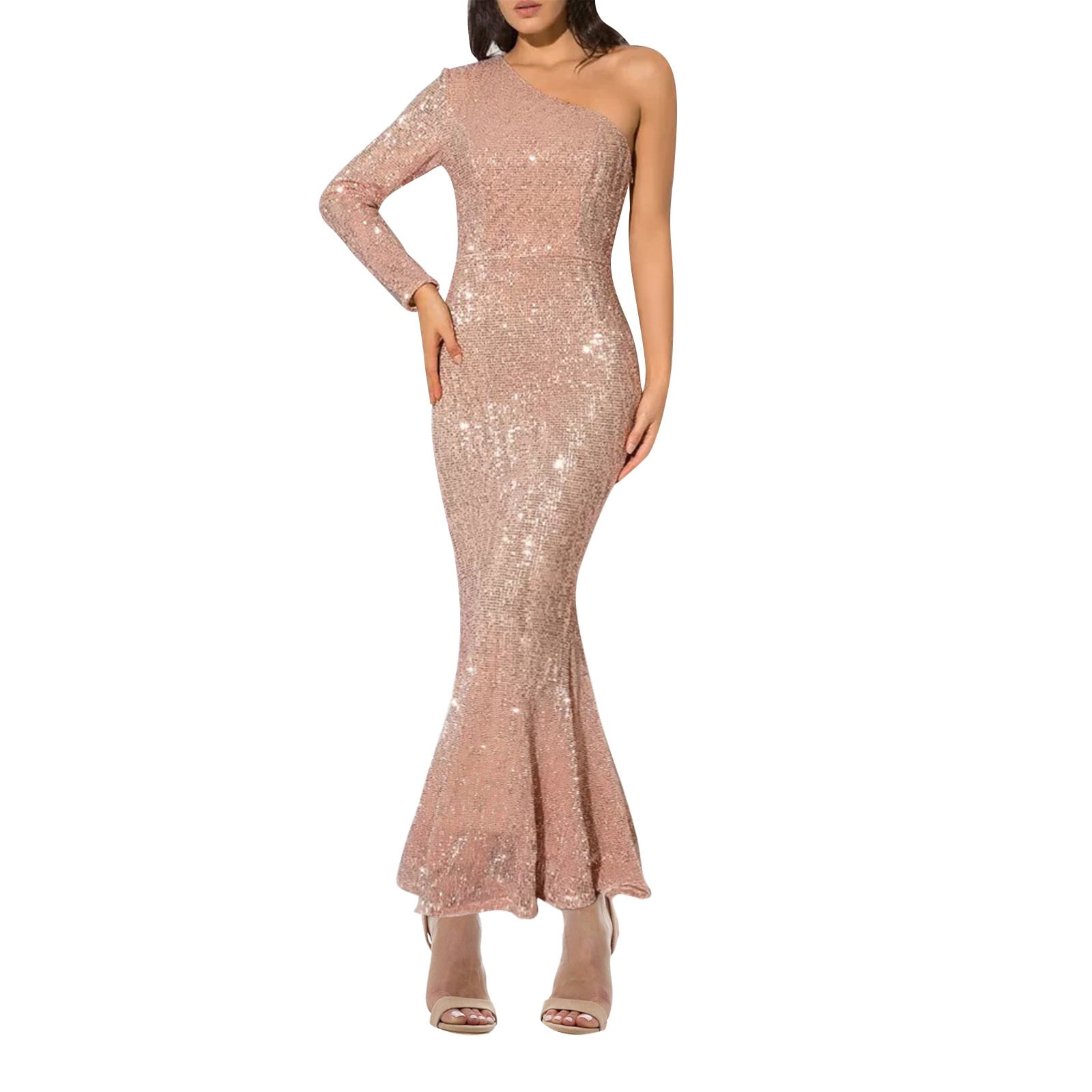 LYEAA Womens Evening Dresses for Weddings Long Sleeve Glitter Sequin ...