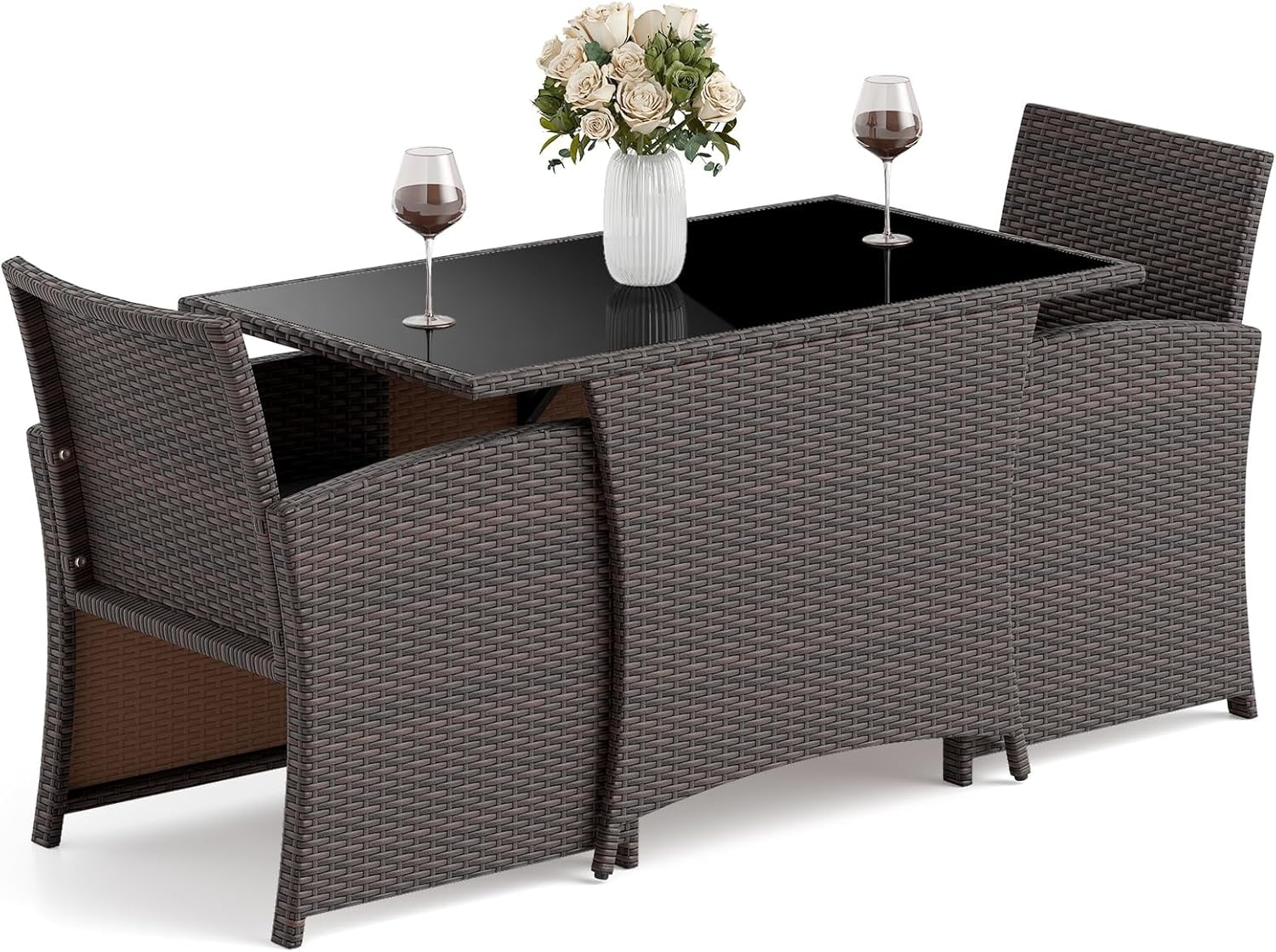 LYH 3 Pieces Patio Wicker Dining Set, Balcony Furniture Set w/Tempered ...