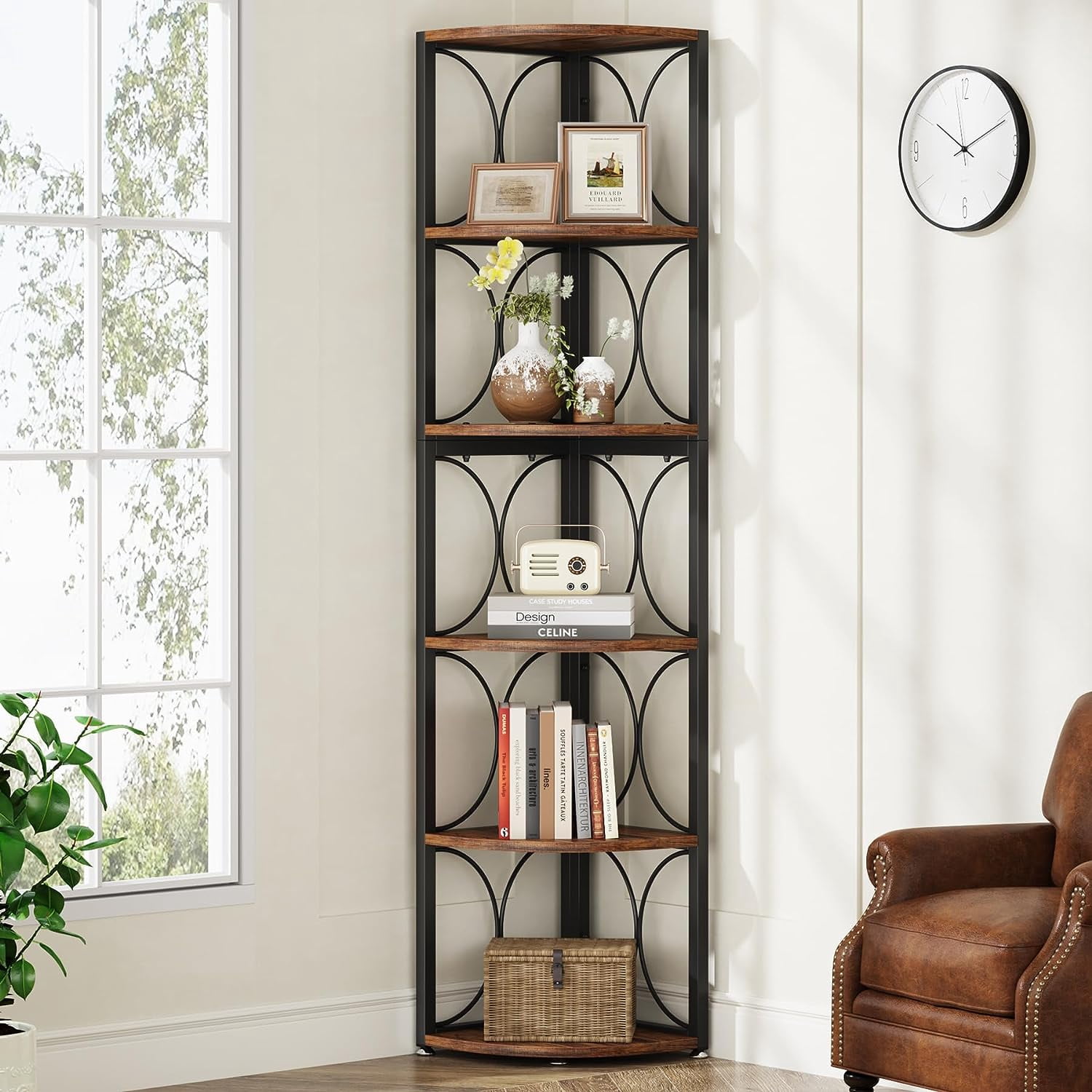 LYH 67 inch Tall Corner Shelf, 6 Tier Rustic Corner Bookshelf Bookcase ...