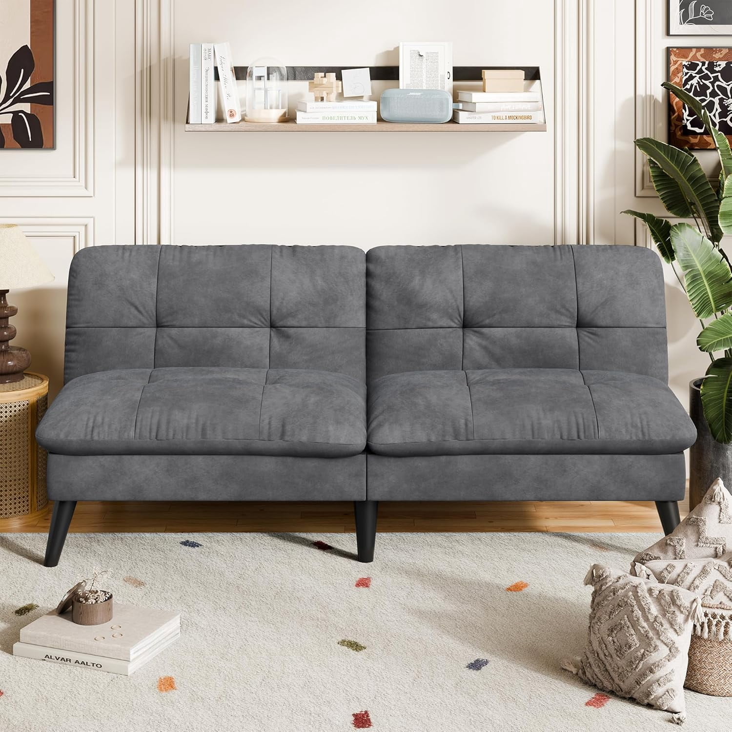 LYH Futon Sofa Bed Velvet Futon Couch with Adjustable Backrest, Small ...
