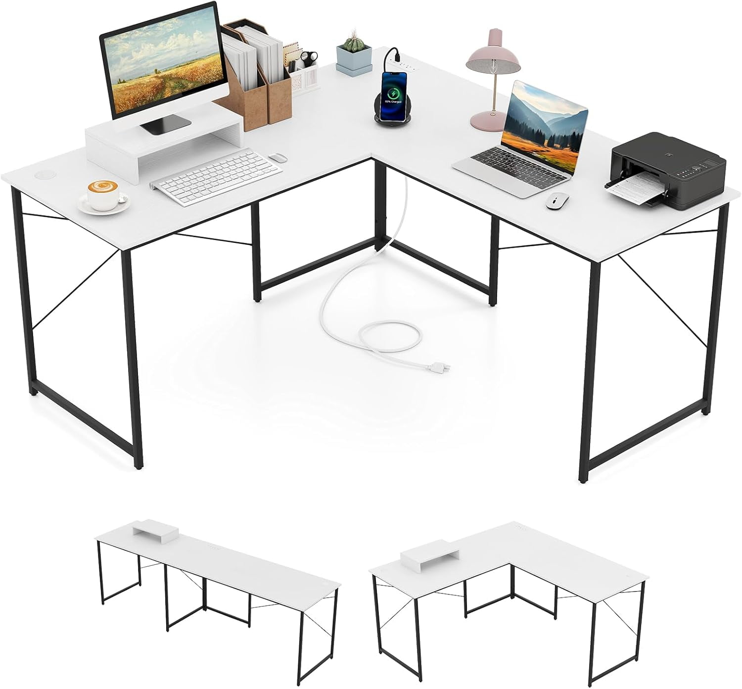 LYH L-Shaped Computer Desk with Power Outlets, 95” Long 2-Person Desk ...