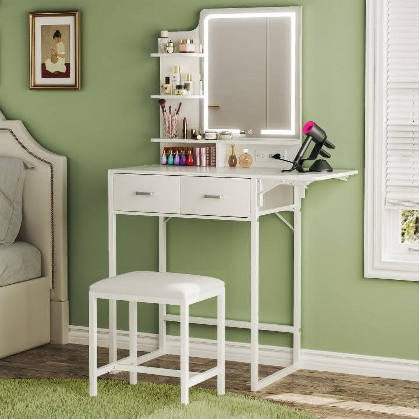 LYH Makeup Vanity Desk with Mirror and Lights, Small Vanity with Fabric ...