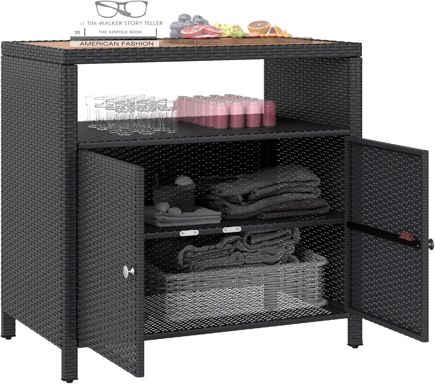 LYH Wicker Outdoor Storage Cabinet, Rattan Outdoor Bar Table with ...