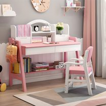 Kids Desk and Chair Set, Pink Wooden Study Desk for Kids with Drawers ...