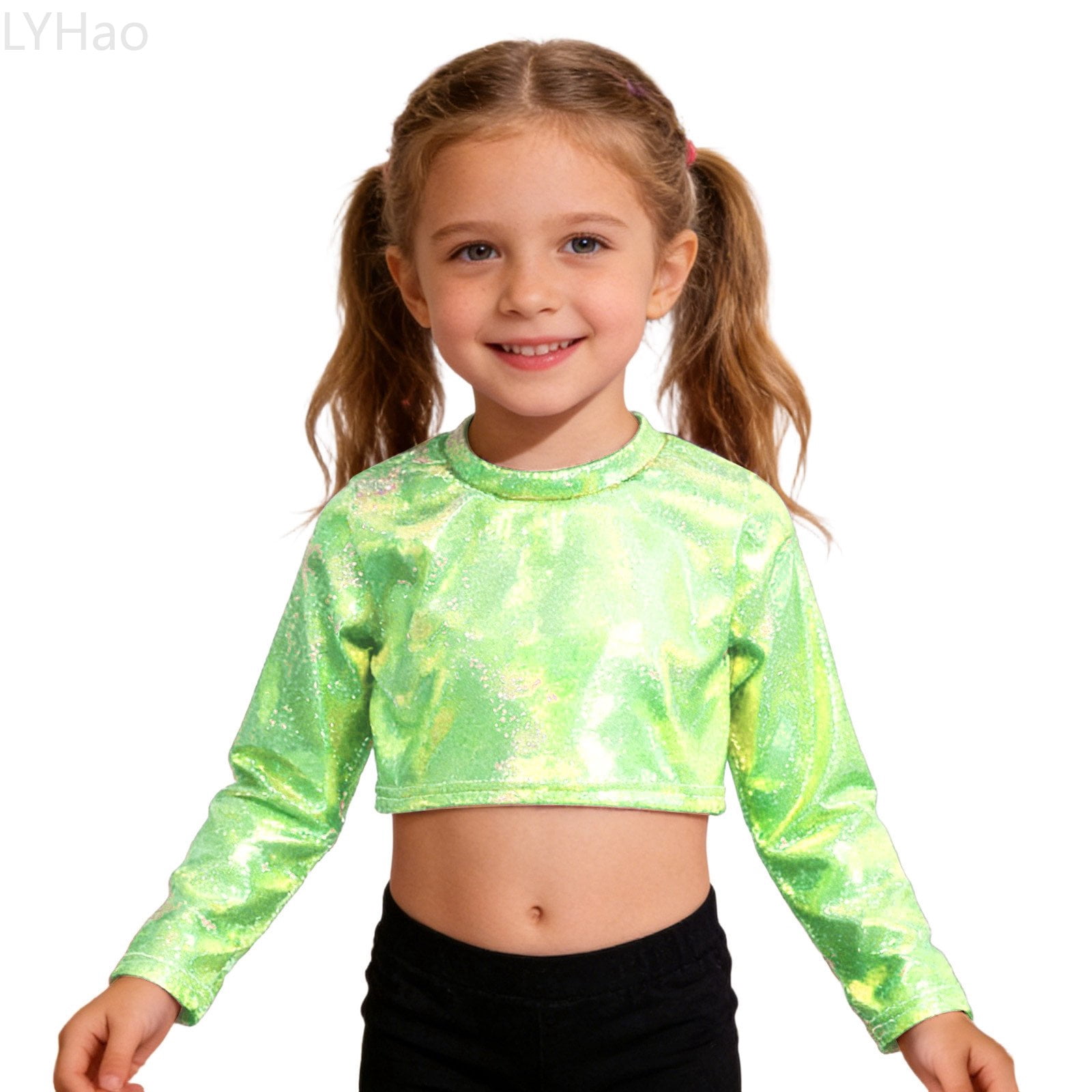 LYHao Girls Long Sleeve Top With Shiny Glitter Sleeves And Cropped ...