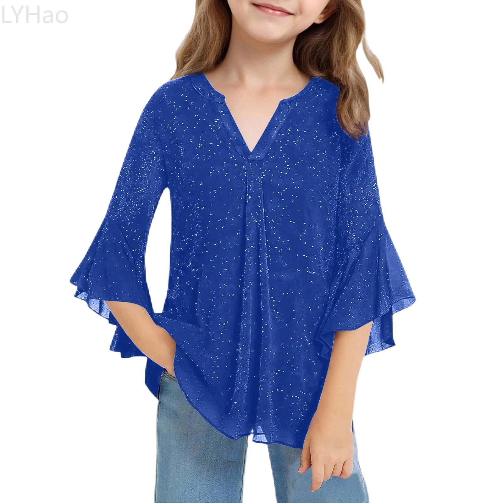 LYHao Girls Loose Fit Blouse V Neck Long Sleeves Casual Summer Shirts ...