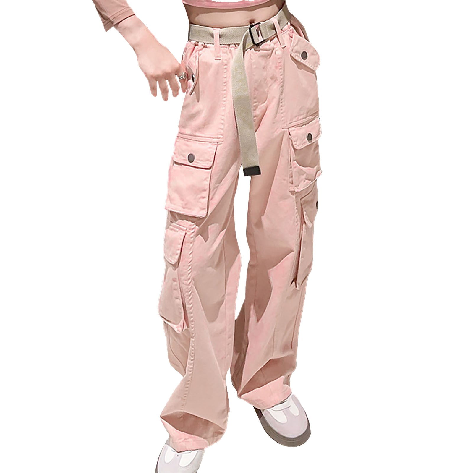 LYHaoo Girls' Baggy Cargo Trousers Elastic High Waist Straight Wide Leg ...