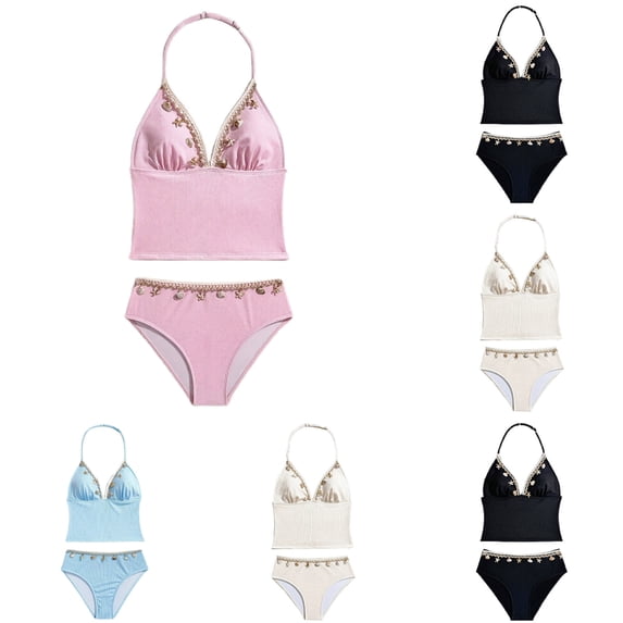 LYHaoo Girls Bikini Swimsuit Two Piece Triangle Top Neck With Beach ...