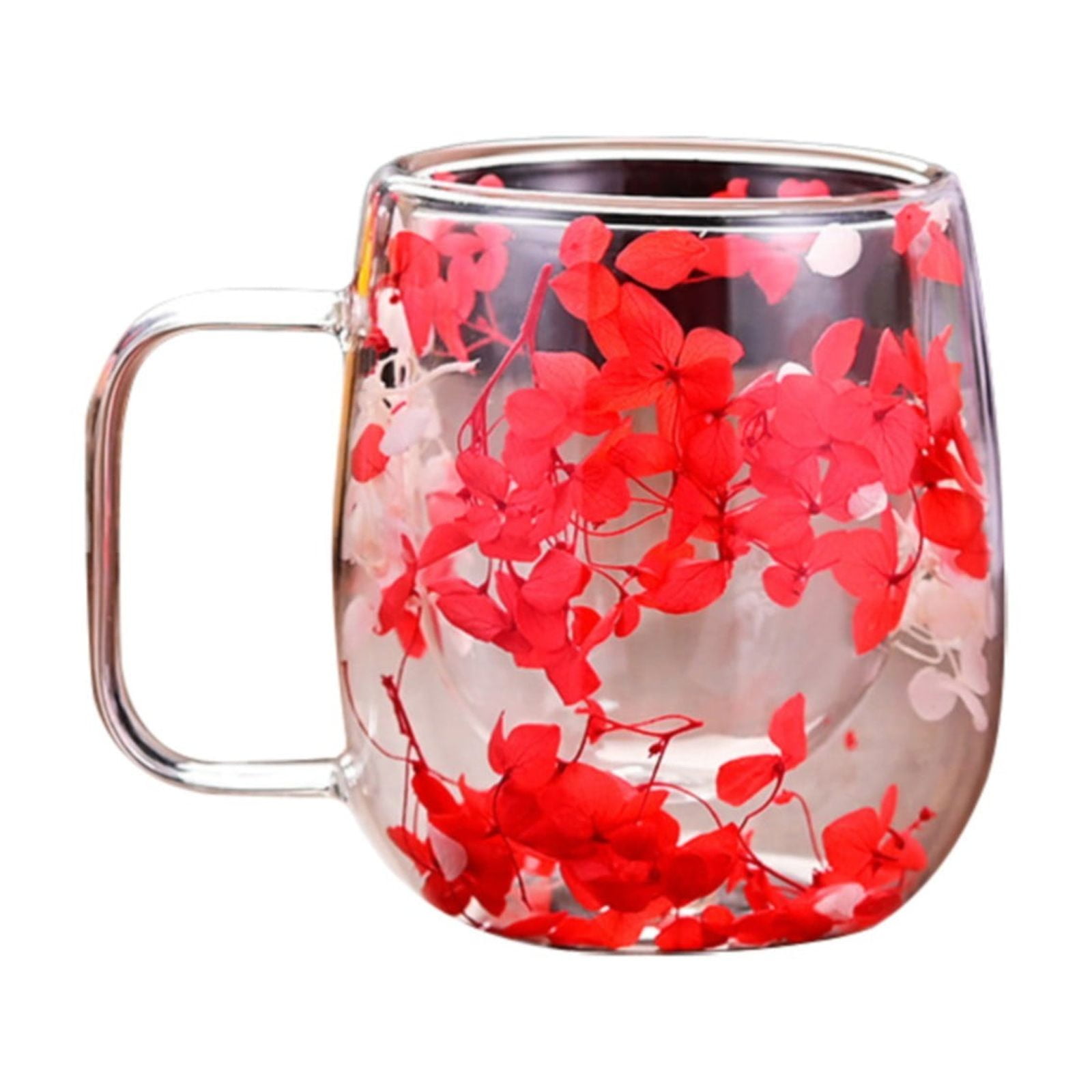LYINGF 200ml Dried Flowers Glass Coffee Mug, Aesthetic Double Wall Tea Cup with Pink Bloom ...