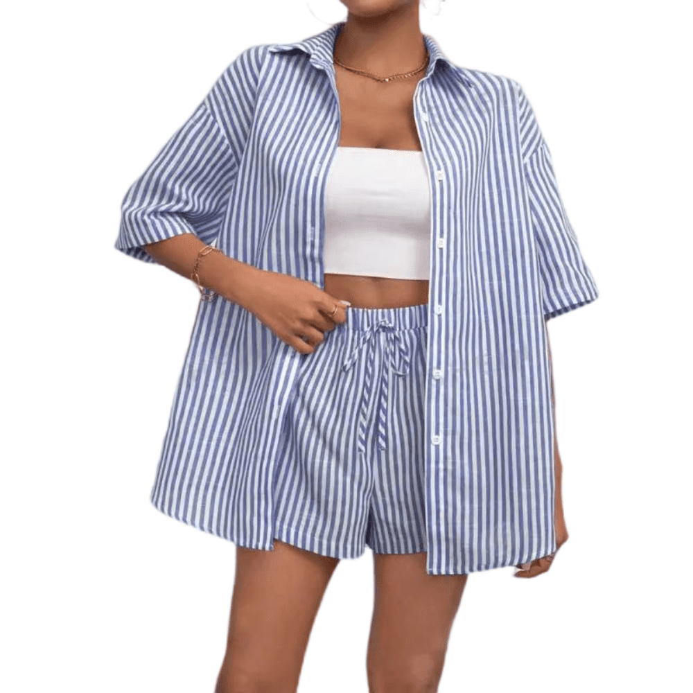 LYMAYTER 2 Piece Outfits for Women Casual Striped Sets New Button Down ...