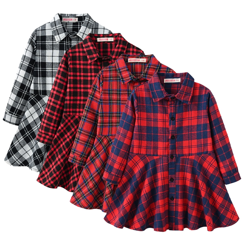 LYMAYTER 3-11T Toddler Kids Girls Plaid Dress Spring Fall Long Sleeve ...