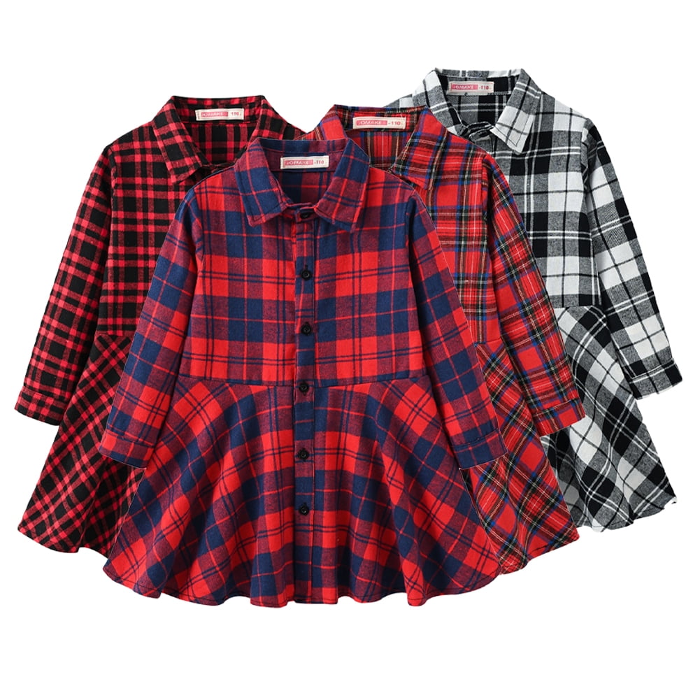 LYMAYTER 3-11T Toddler Kids Girls Plaid Dress Spring Fall Long Sleeve ...