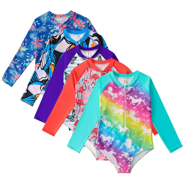 LYMAYTER 4-12 Years Girls One Piece Swimsuits Long Sleeve Rash Guard ...