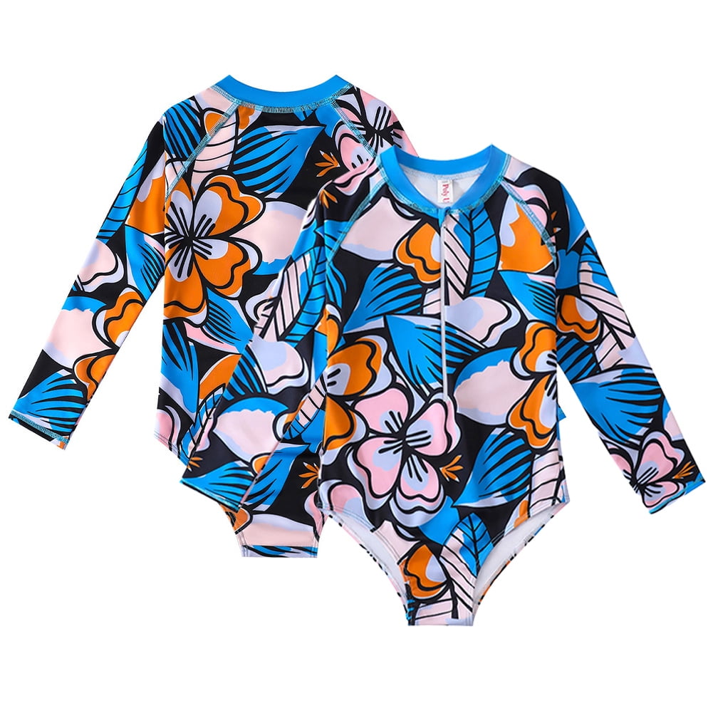 LYMAYTER 4-12 Years Girls One Piece Swimsuits Long Sleeve Rash Guard ...